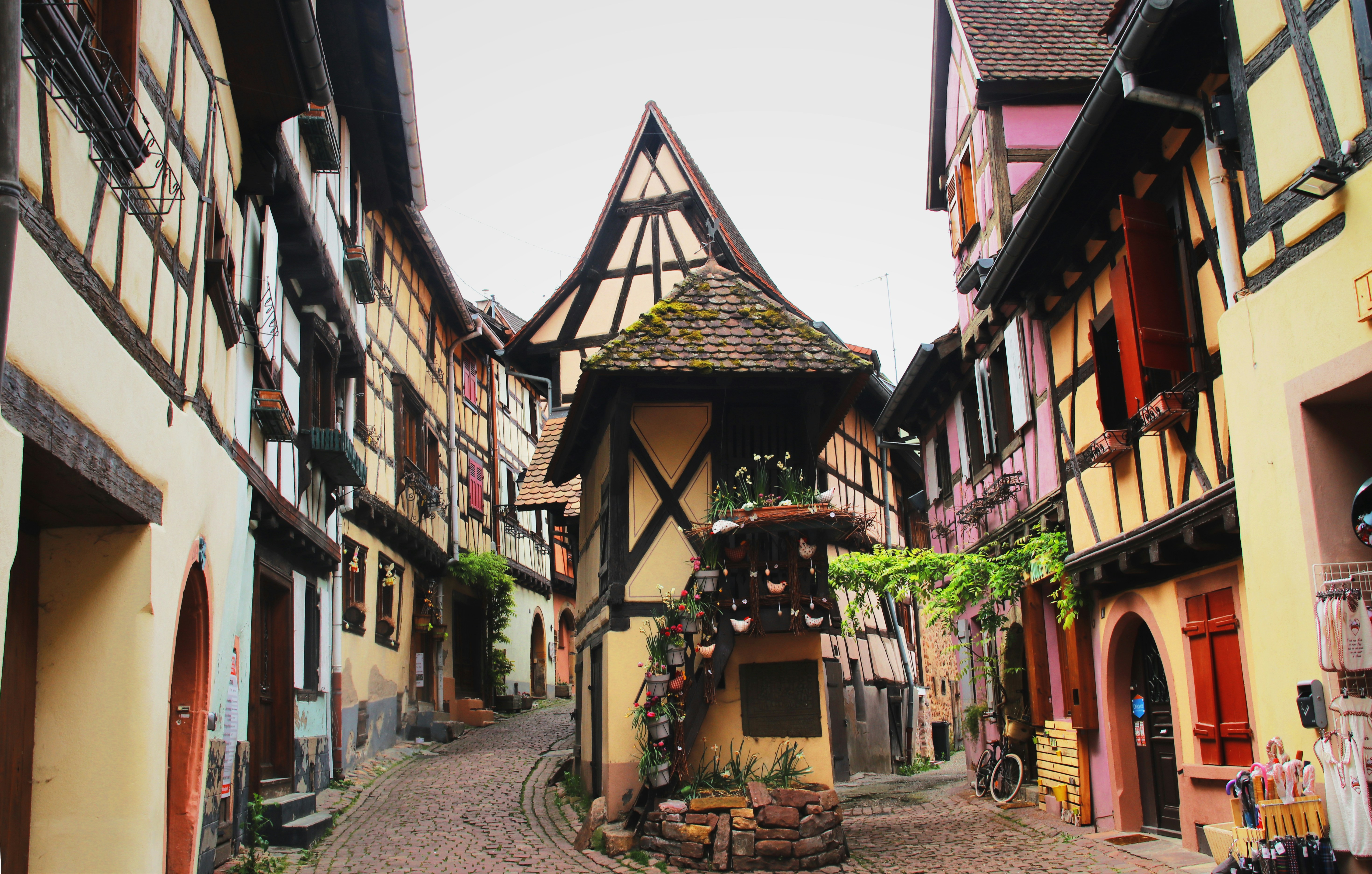 Narrow cobblestone street lined with colorful, half-timbered medieval houses.