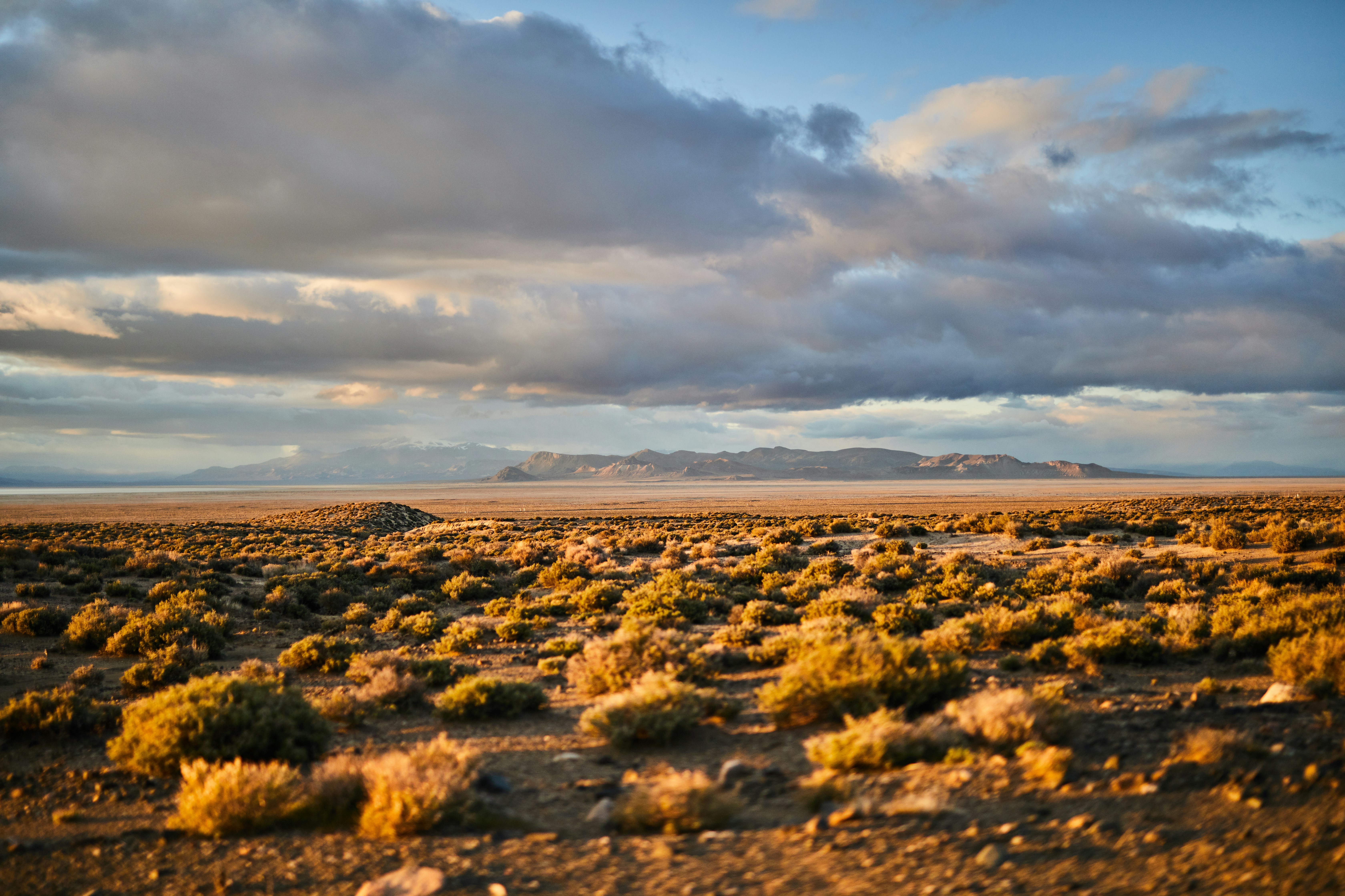 Expansive desert landscape with sparse vegetation under a dramatic cloud-filled sky at sunset.