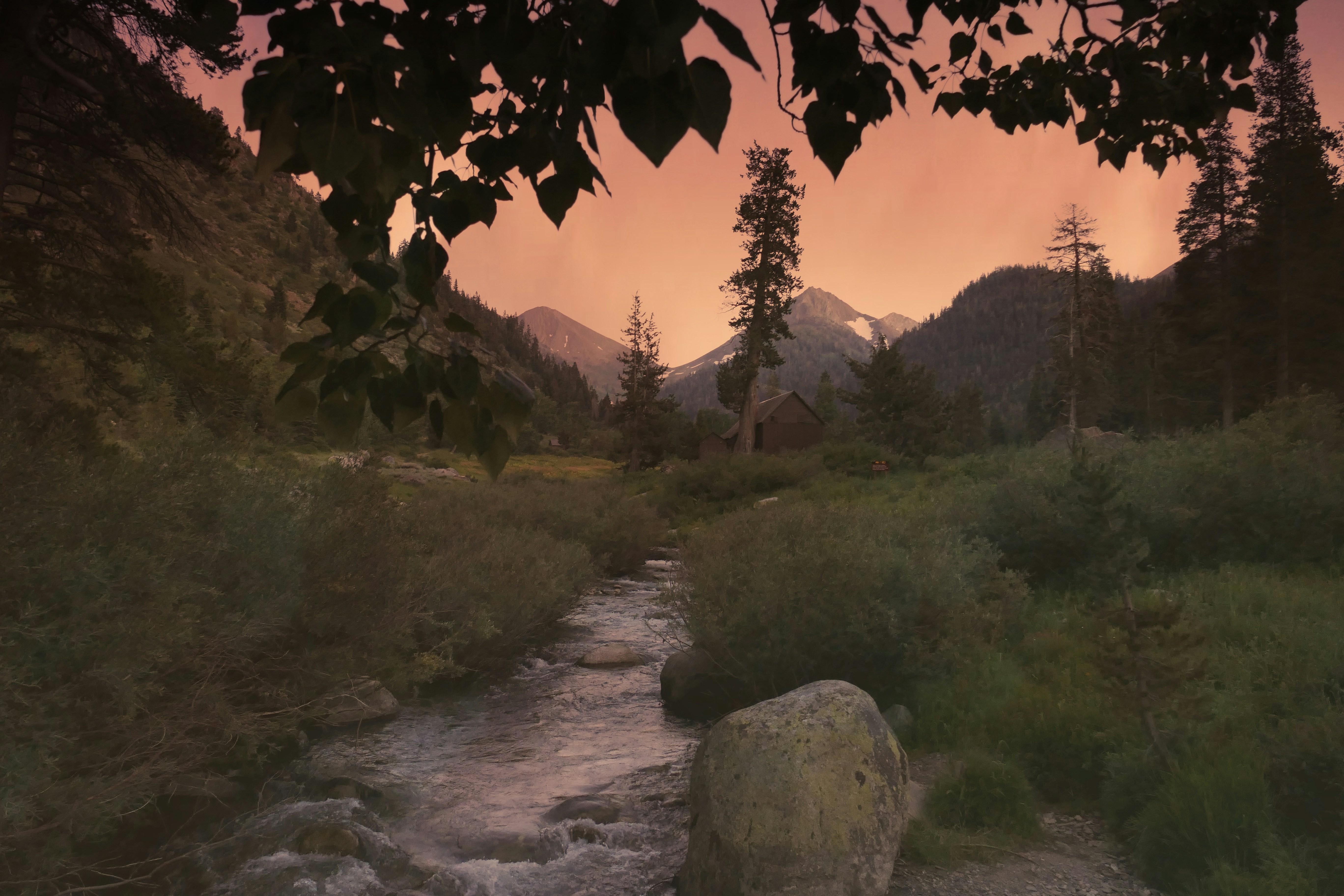 Sunset over a alpine creek: quiet valley framed by pines