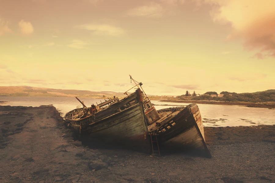 brown wreck boat near seashore during daytime