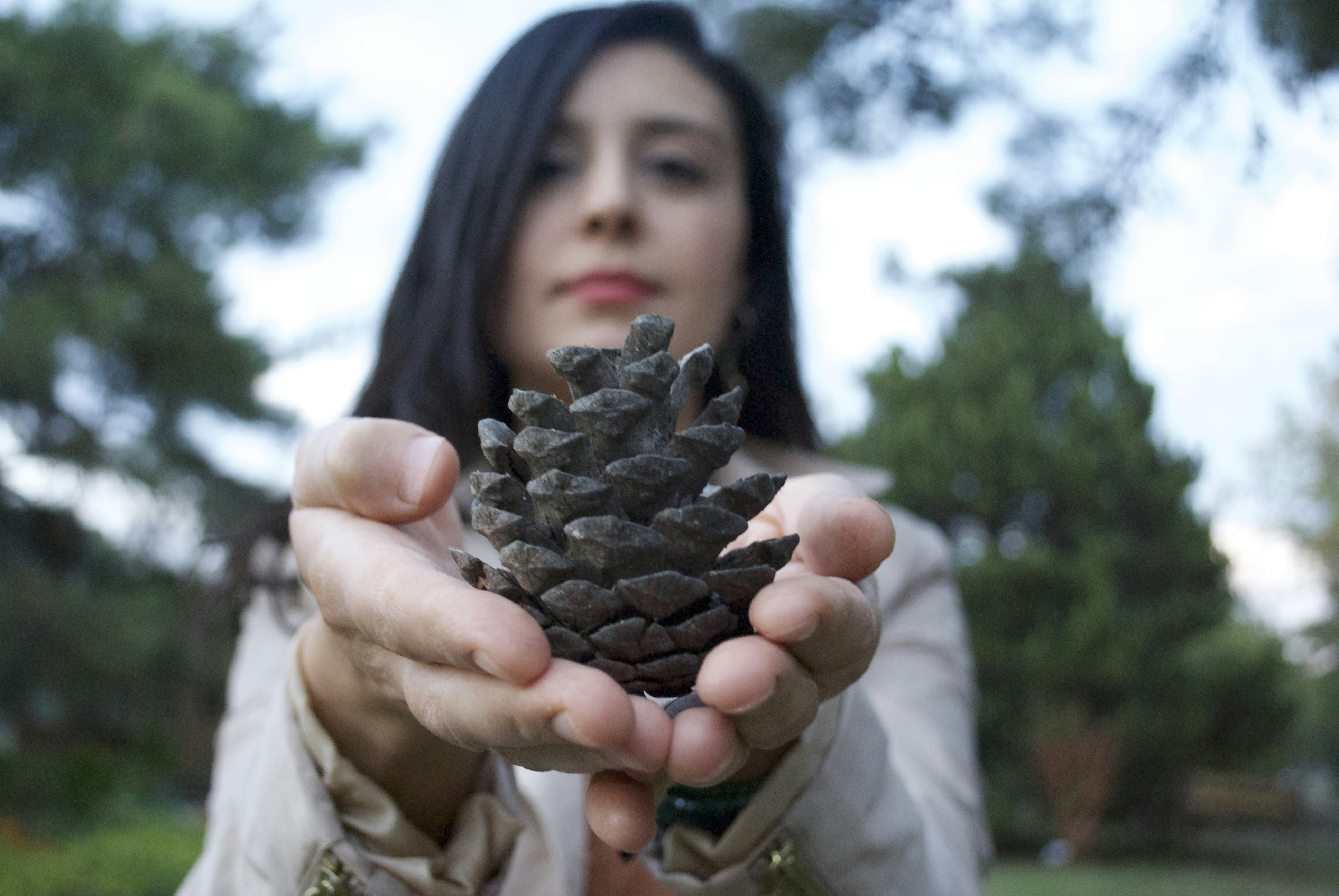 Woman presenting a pine cone with blurred trees in the background.