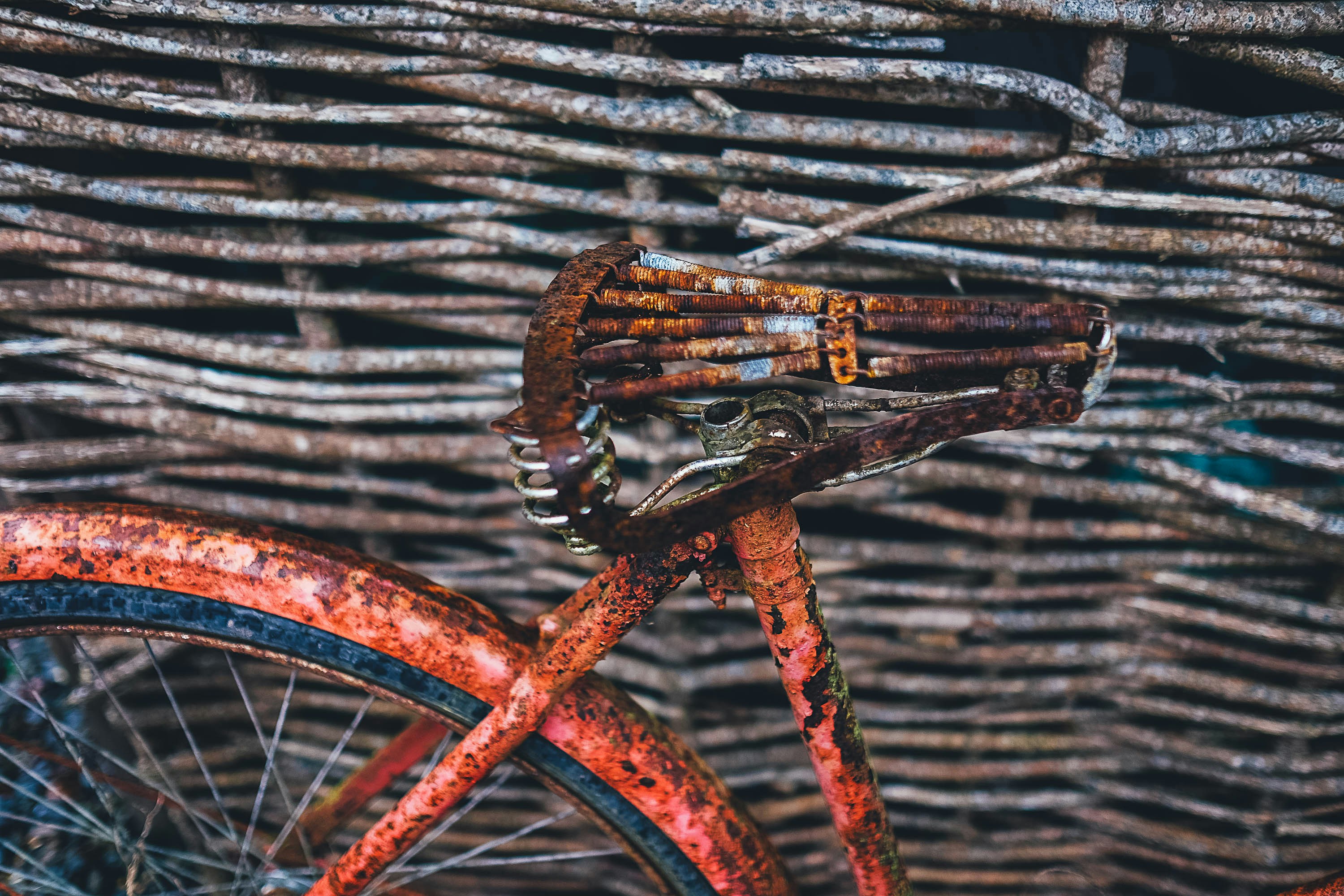 Close-up of a weathered bicycle seat, showcasing intricate rust patterns against a textured backdrop of woven branches.