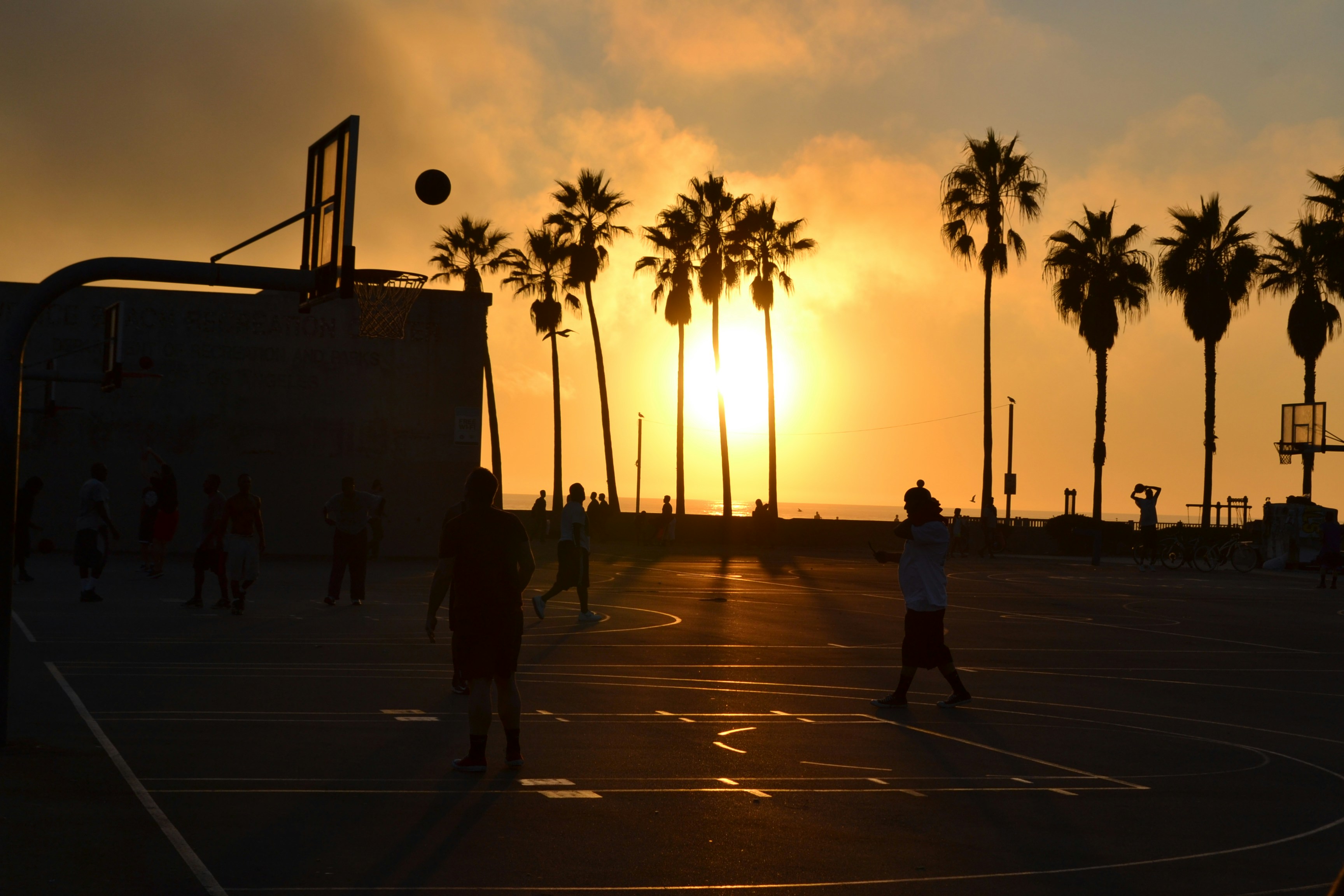 Silhouetted basketball players compete on a Venice Beach court against a vibrant sunset backdrop, framed by palm trees.