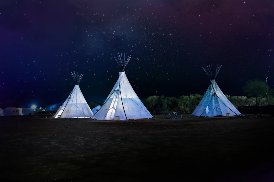 Three white teepees illuminated under a vast, star-filled night sky.