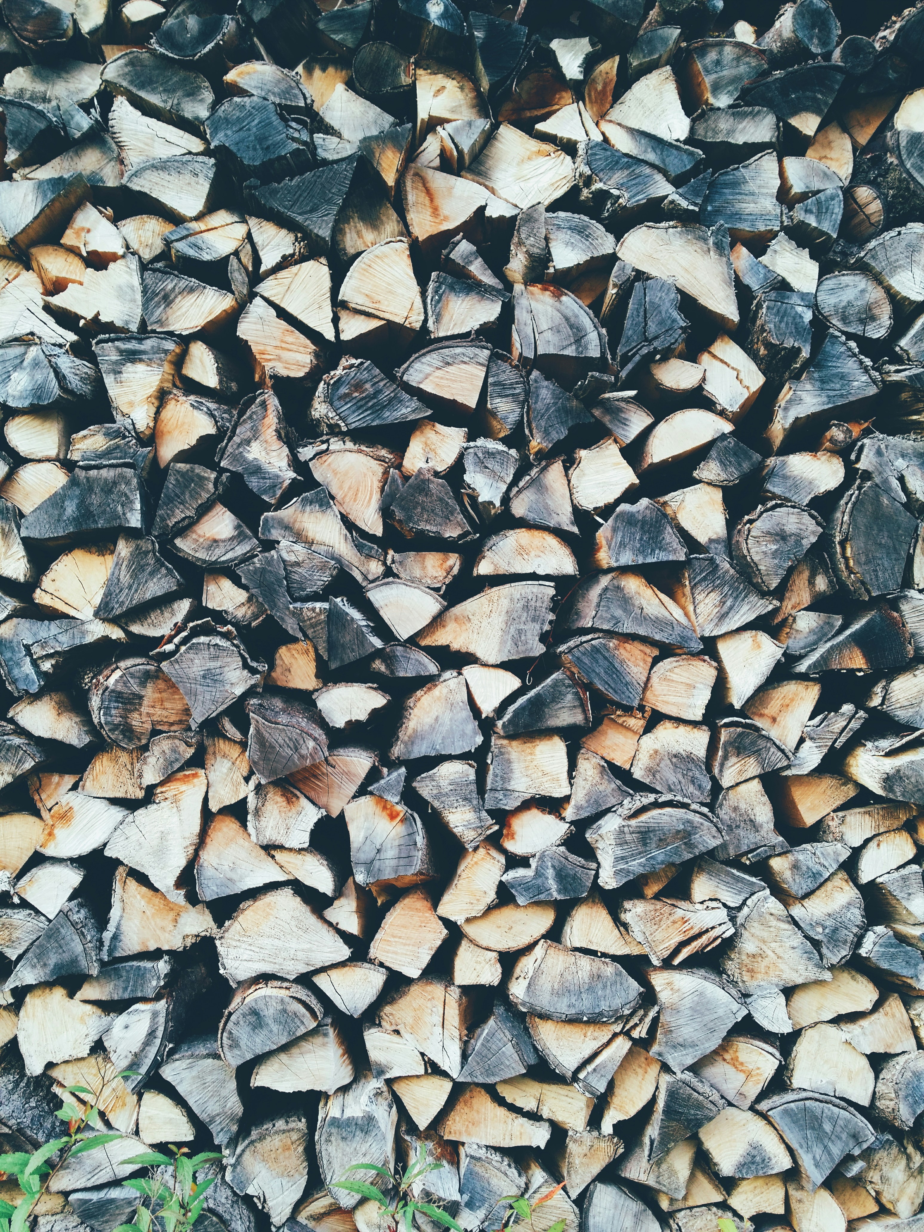 A neatly stacked pile of firewood, showcasing the intricate patterns of cut logs in various shades of brown and gray.