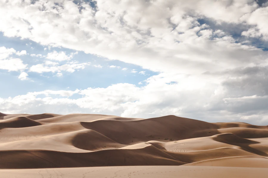 Rolling sand dunes stretch across the foreground and middle distance beneath a bright, cloud-filled sky. Soft light shapes the ridges and shadows across the desert landscape.