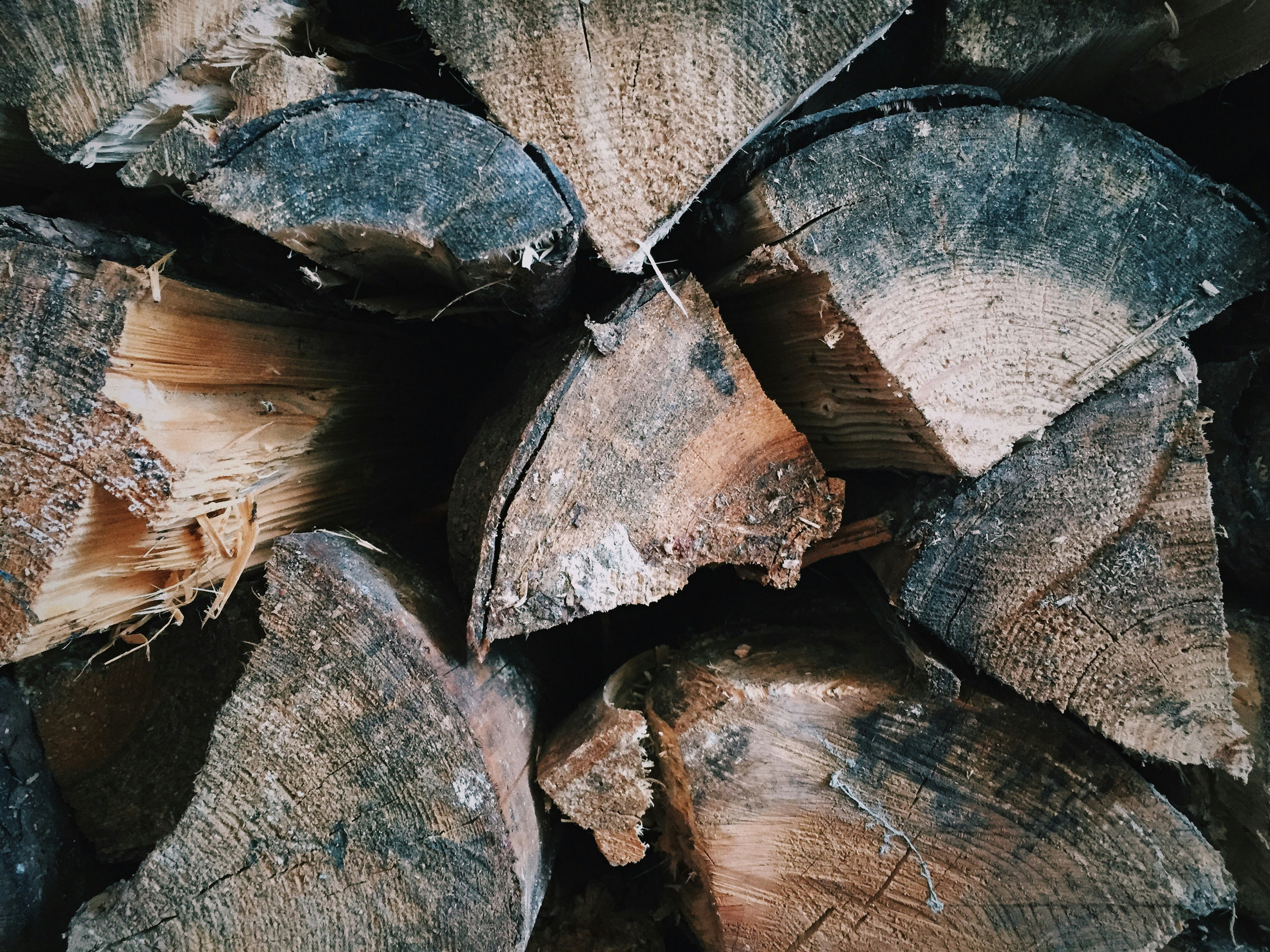 Stacked firewood with visible grain and bark textures.