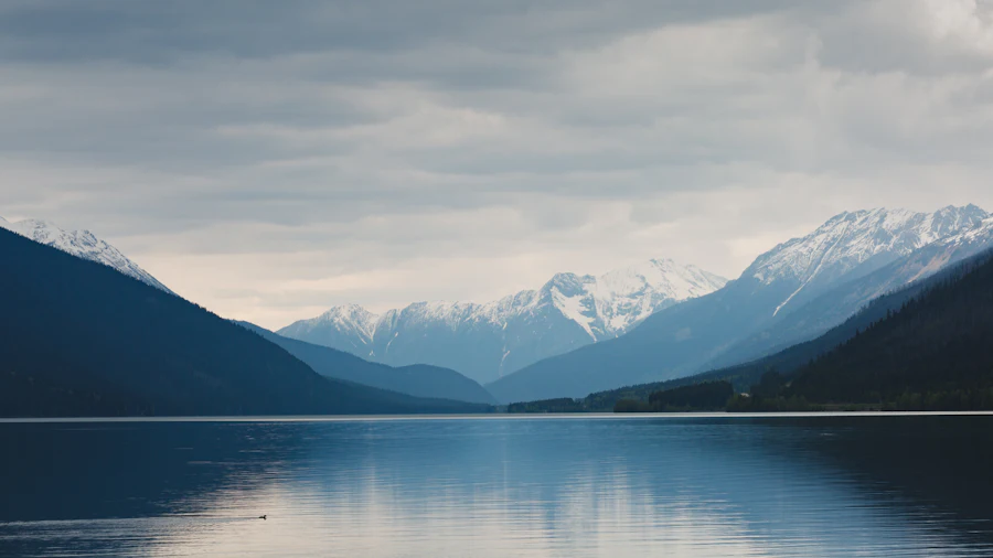 Snow-covered mountains rise above a still blue lake under a soft, cloudy sky. Dark forested slopes frame the water, with a faint reflection across the surface.