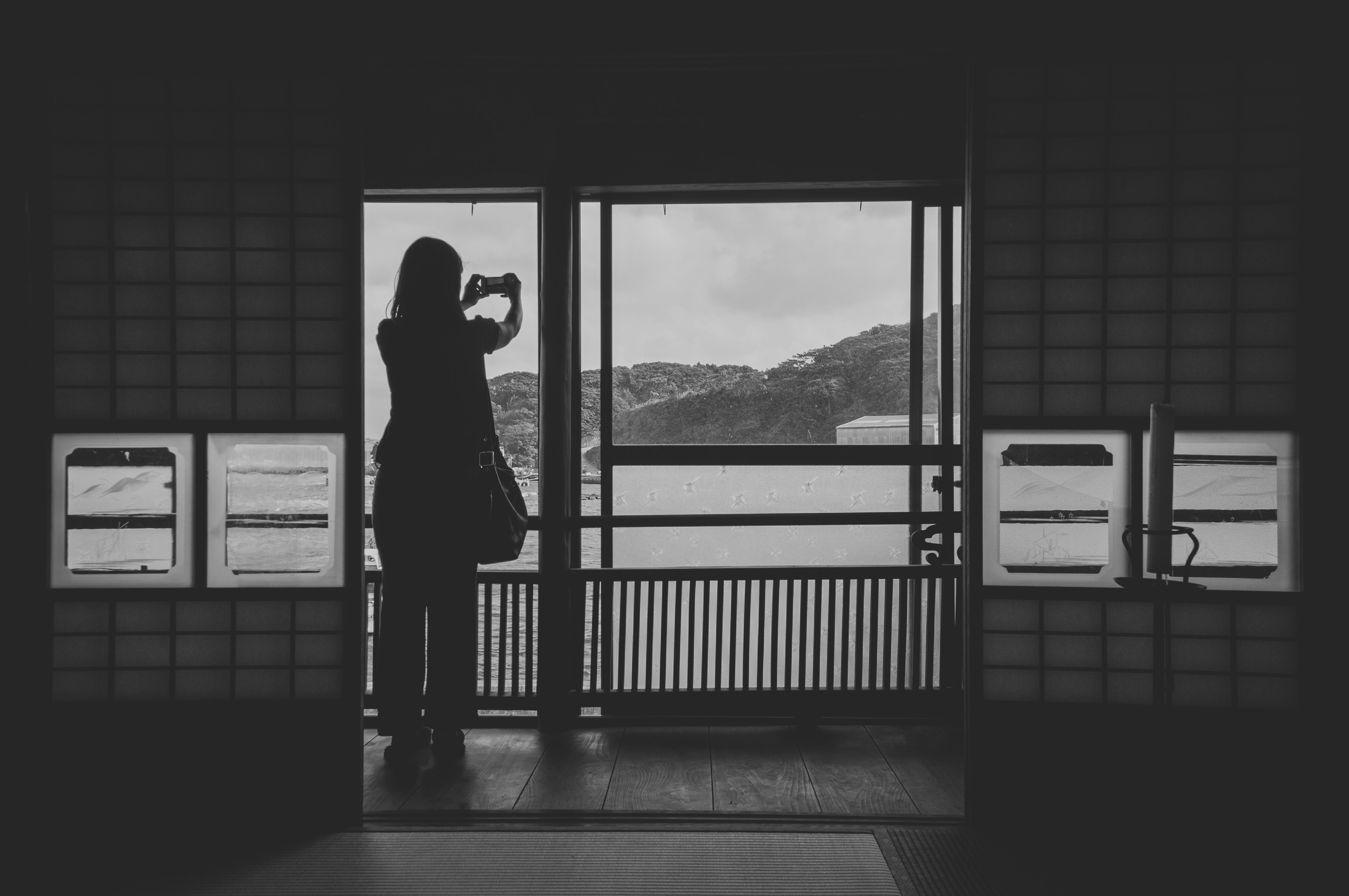 Silhouette of a person taking a photo in front of a window overlooking a serene landscape.
