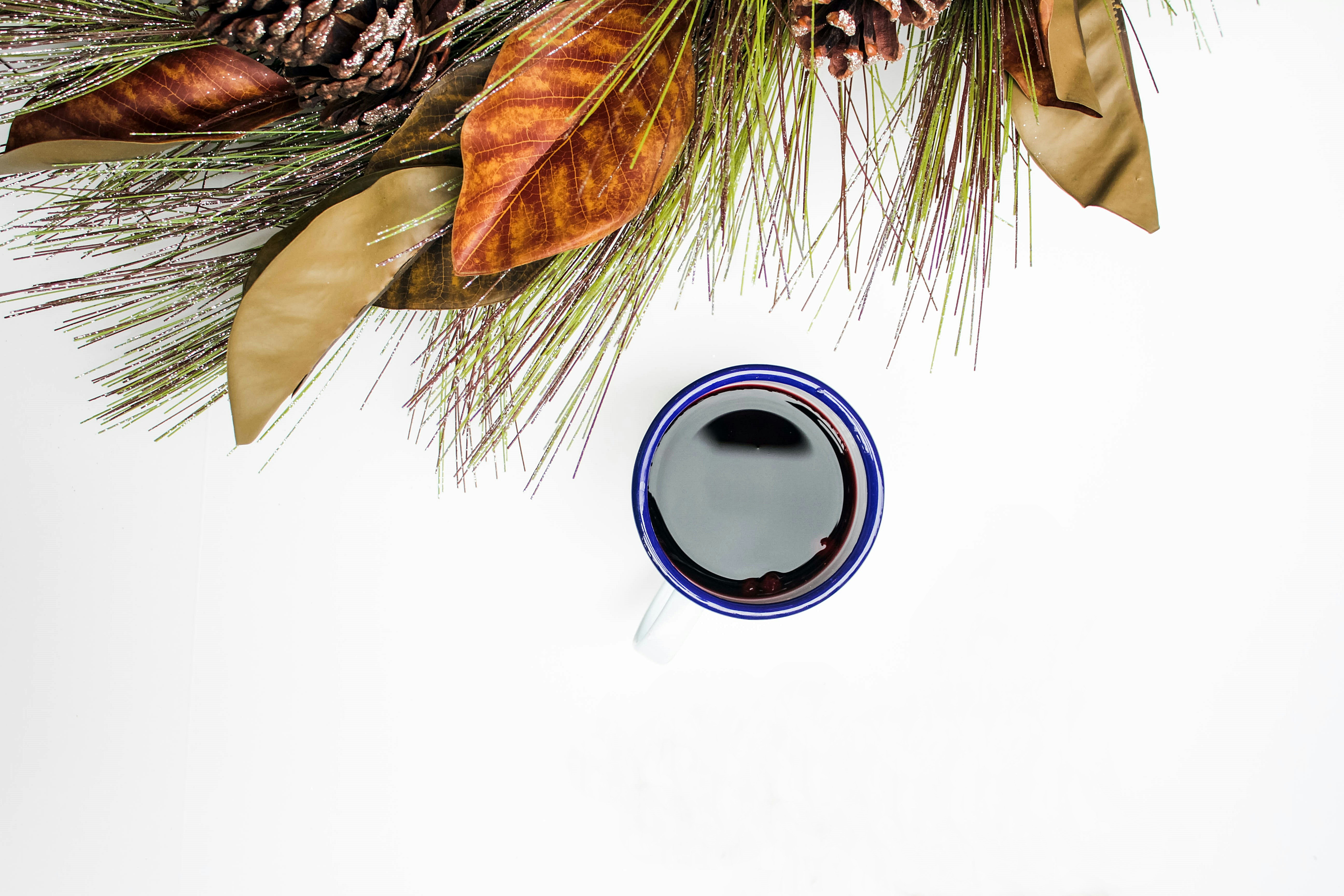 Ceramic Cup Centered Under Pine and Autumn Leaves