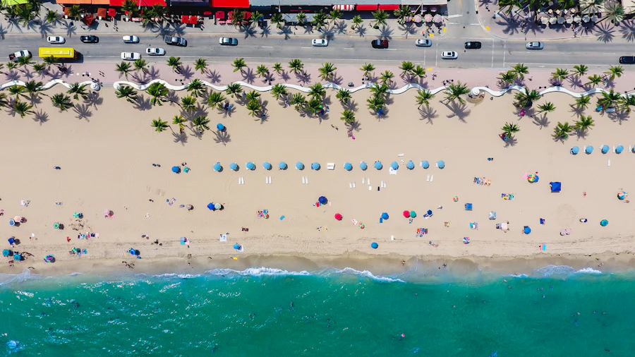 Top-down view of a sandy beach with colorful umbrellas, scattered beachgoers, turquoise surf, and a palm-lined road with cars at the top edge.