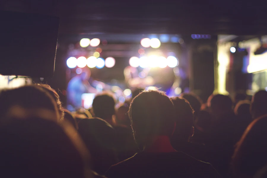 Backlit crowd facing a brightly lit, out-of-focus stage at a concert or event. Silhouetted heads fill the foreground with warm colored lights glowing above.