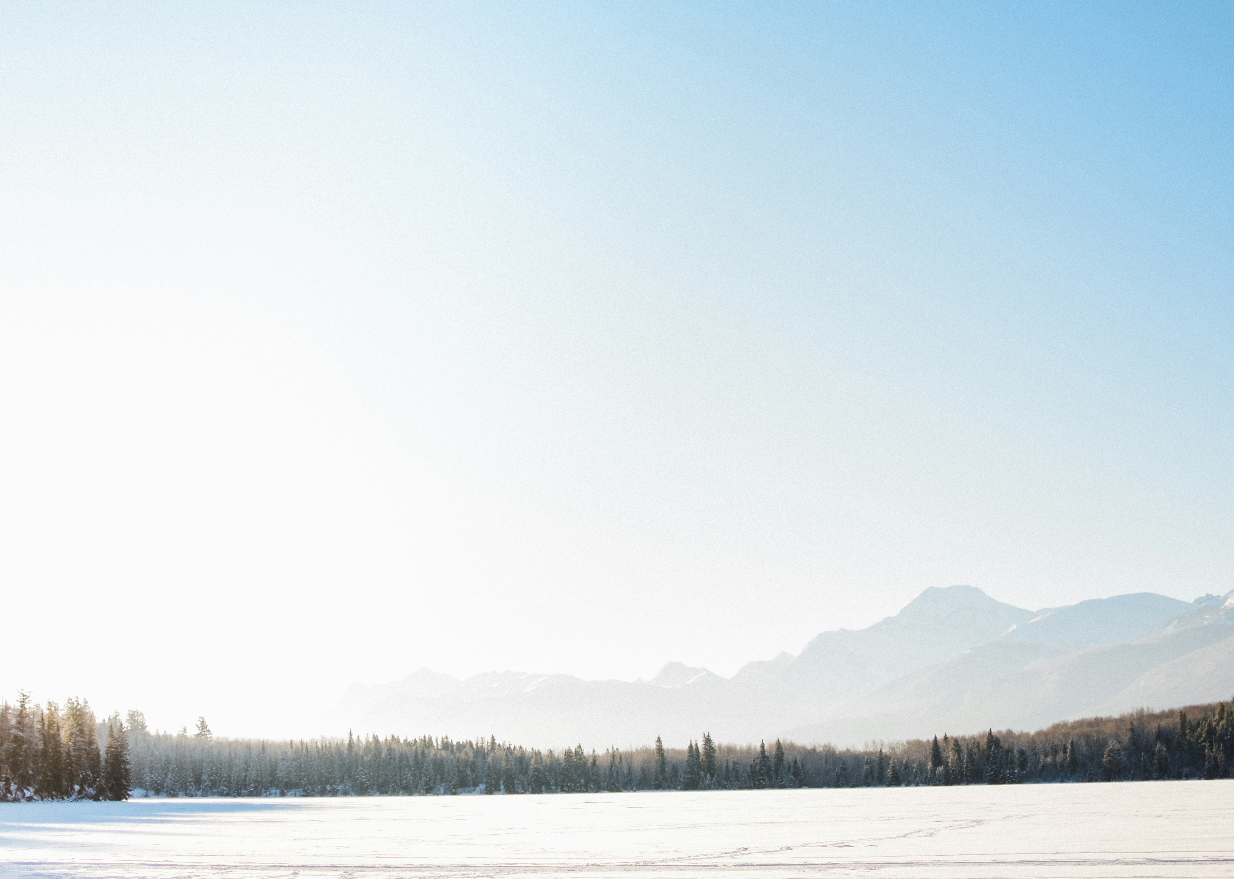 Expansive frozen lake under a clear blue sky, framed by distant mountains and a forest of evergreens. The scene evokes a serene winter landscape.