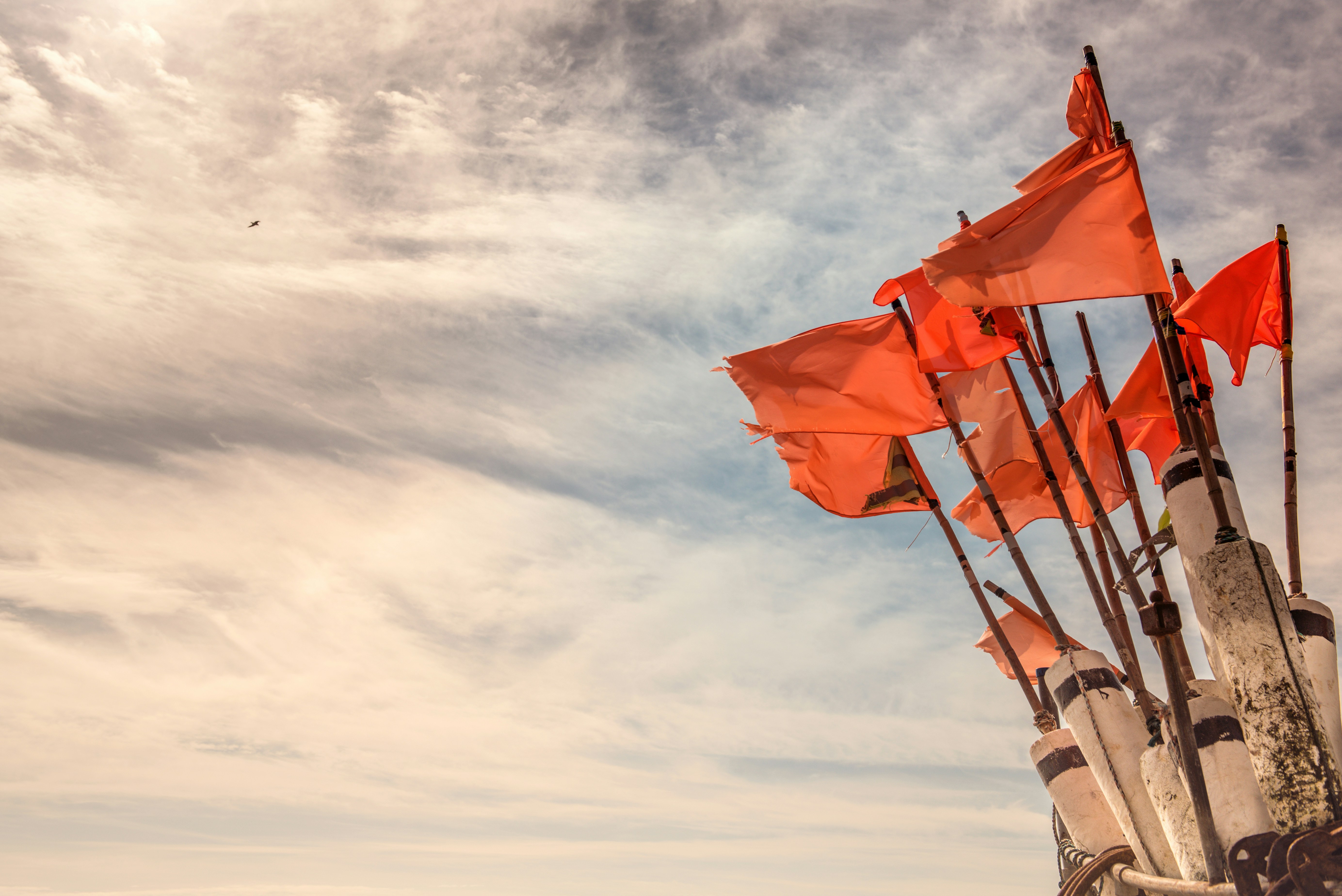 Red flags flutter atop poles against a cloudy sky, capturing movement and color contrast.