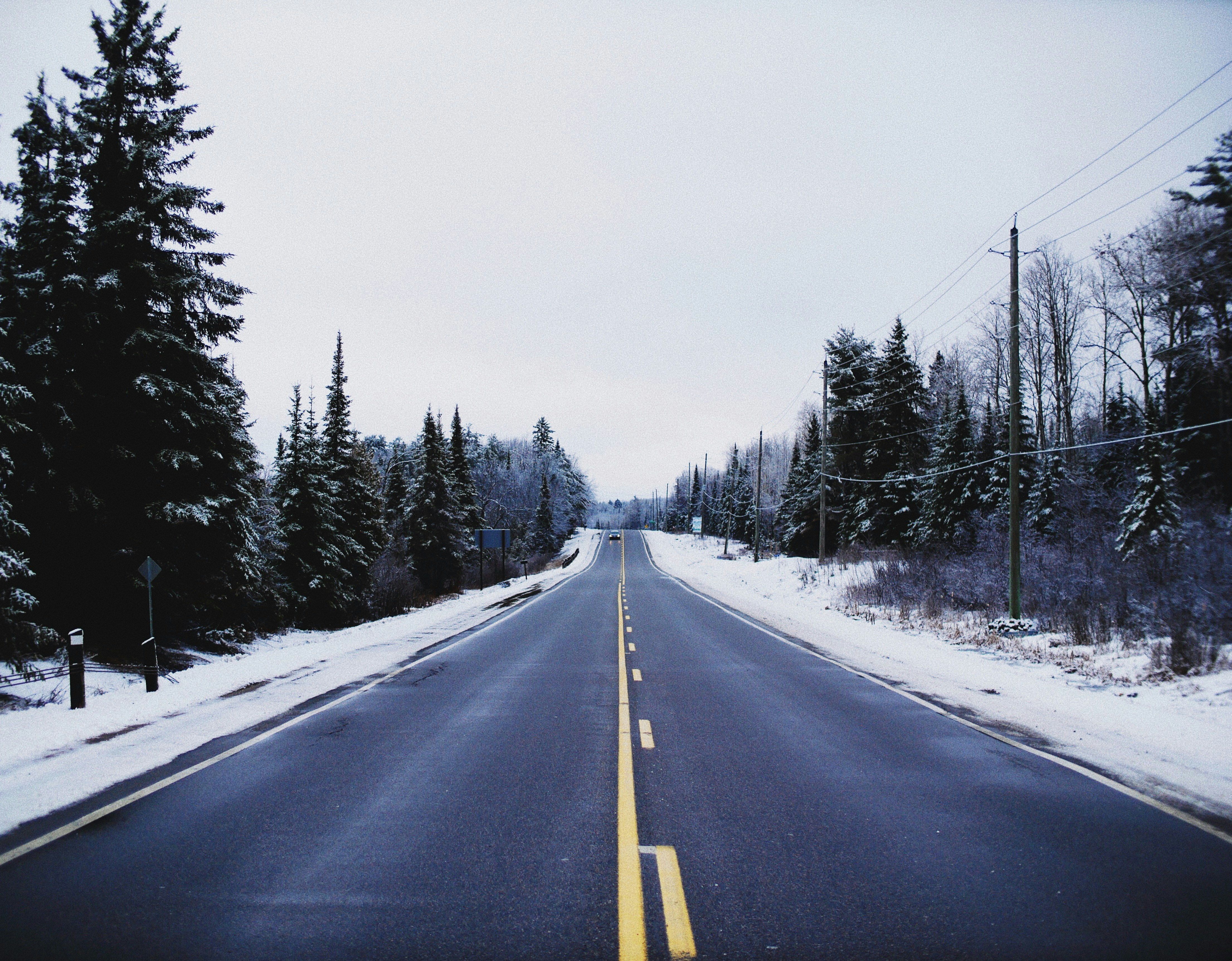 Snow-covered road flanked by evergreen trees under a cloudy sky, inviting a sense of solitude and adventure.
