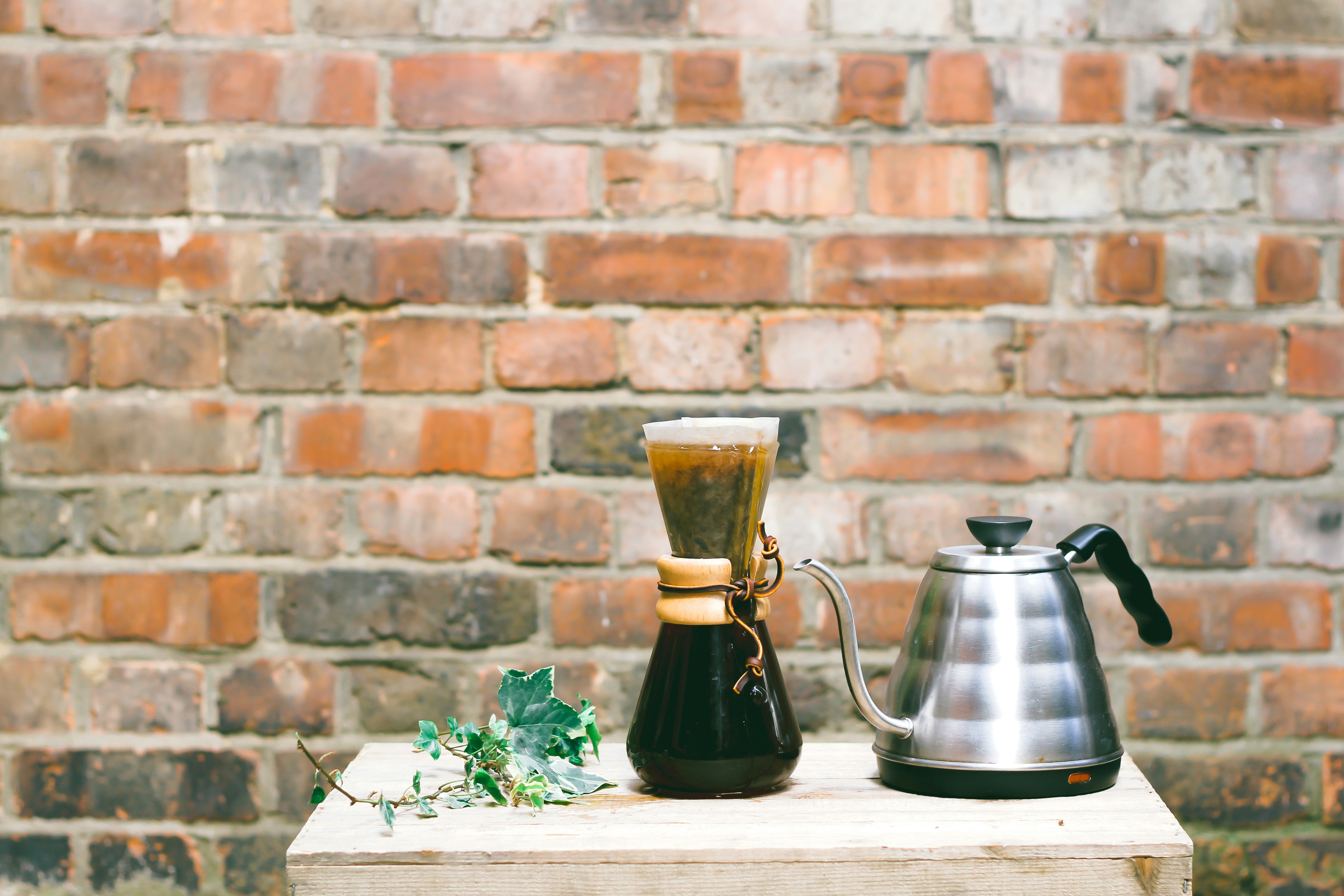 A glass coffee maker and a sleek kettle sit on a wooden surface against a rustic brick wall, surrounded by green ivy. A perfect setup for brewing a rich cup of coffee.