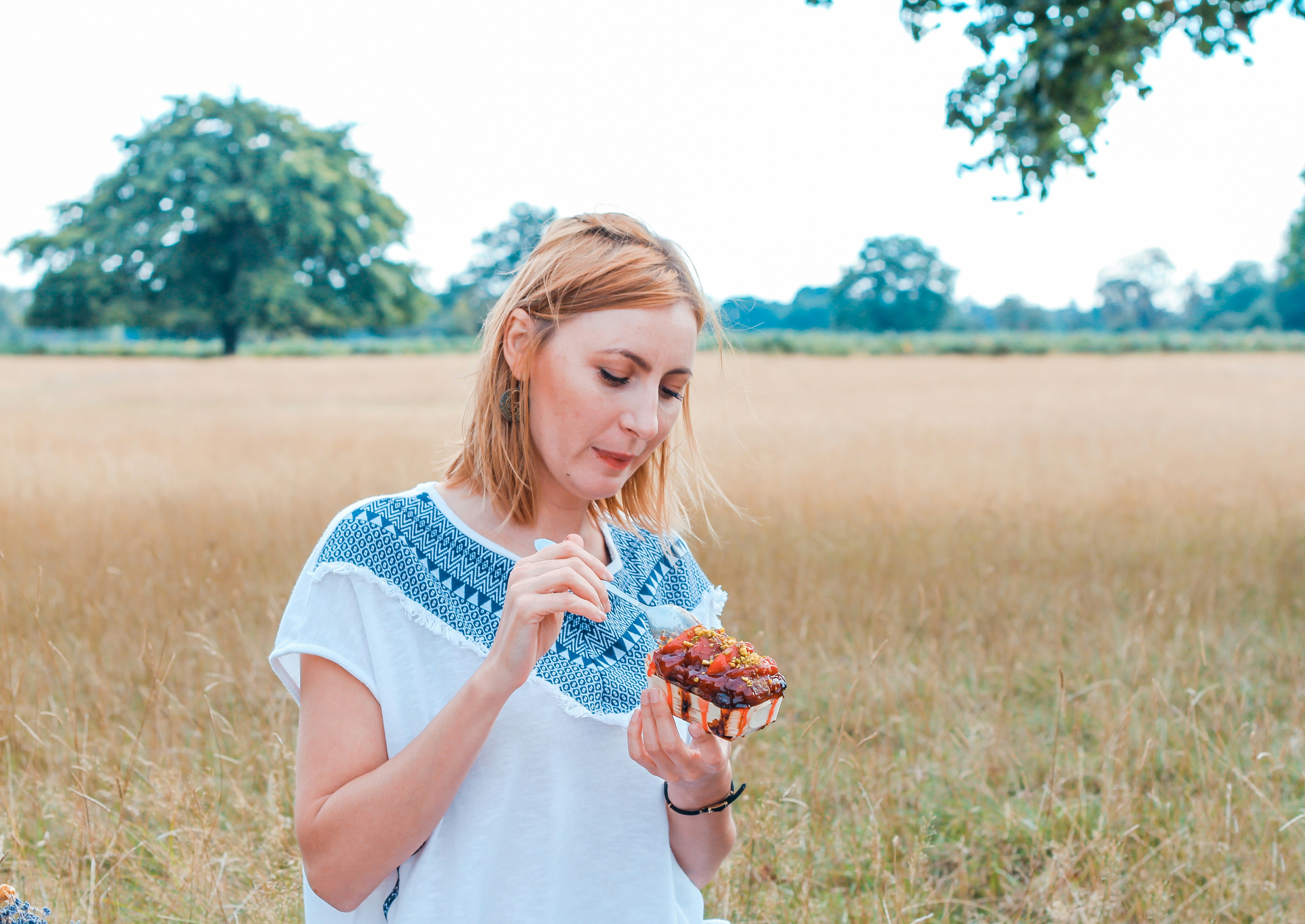 Meadow Moment: A Frosted Cupcake and a Quiet Pause in Sunlit Grass