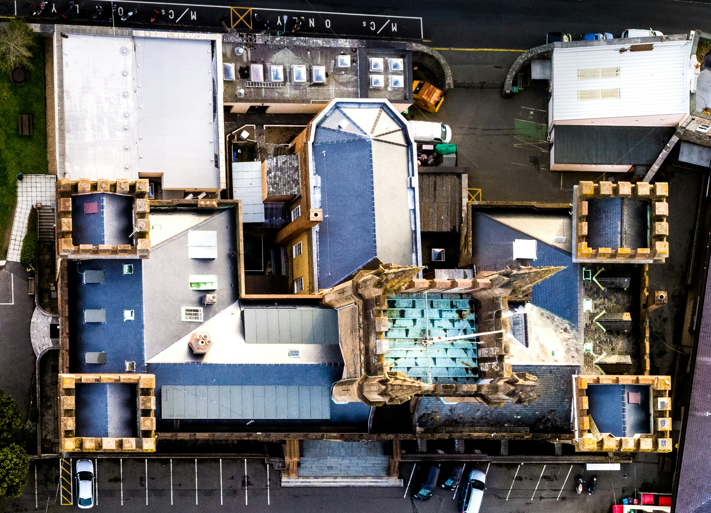 The College was founded in 1563, just over 70 years after Columbus arrived in America. | aerial photograph of a building