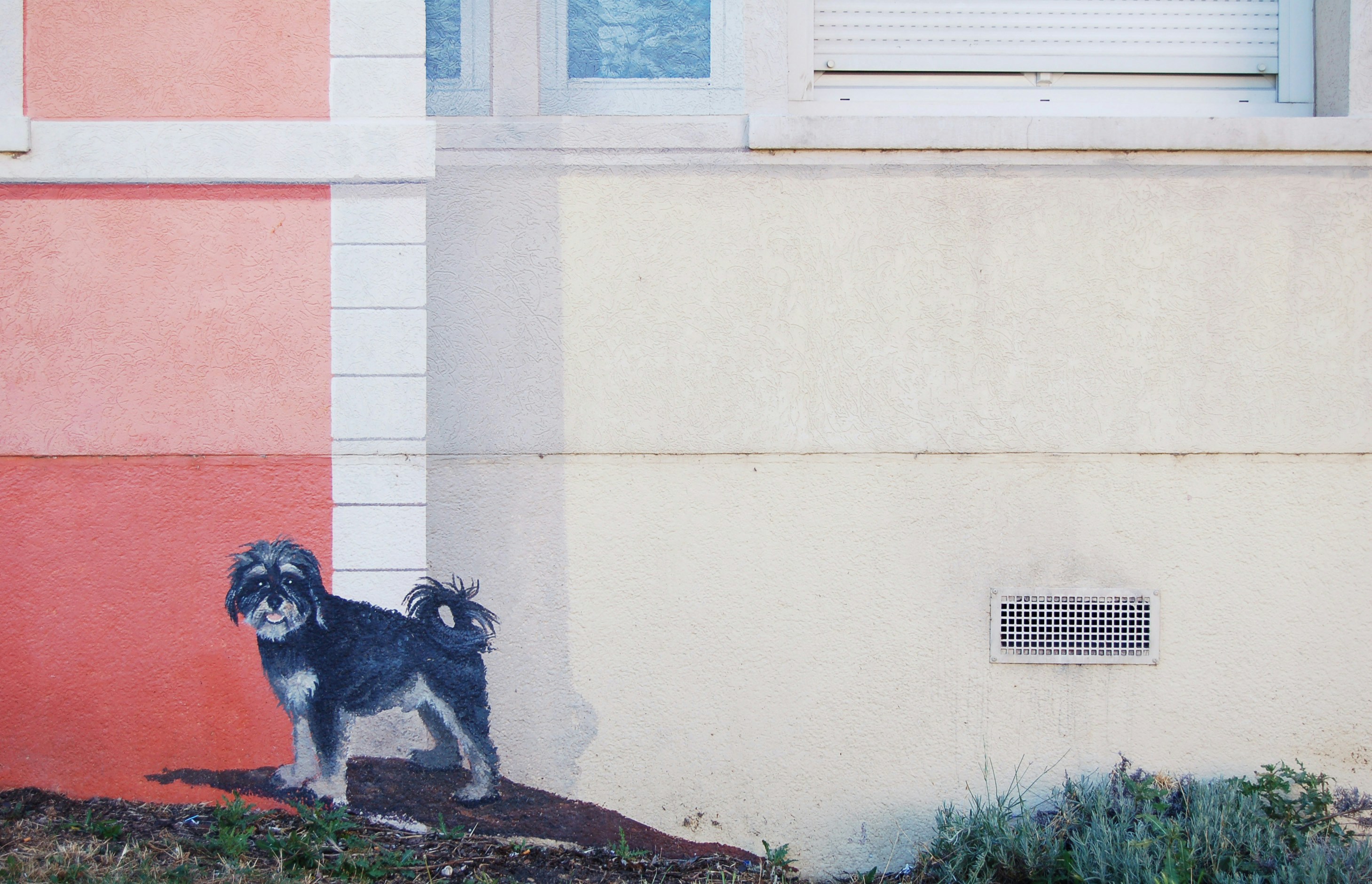 A detailed mural of a small dog stands against a vibrant wall, showcasing a blend of colors and textures. The artwork adds character to the urban setting.