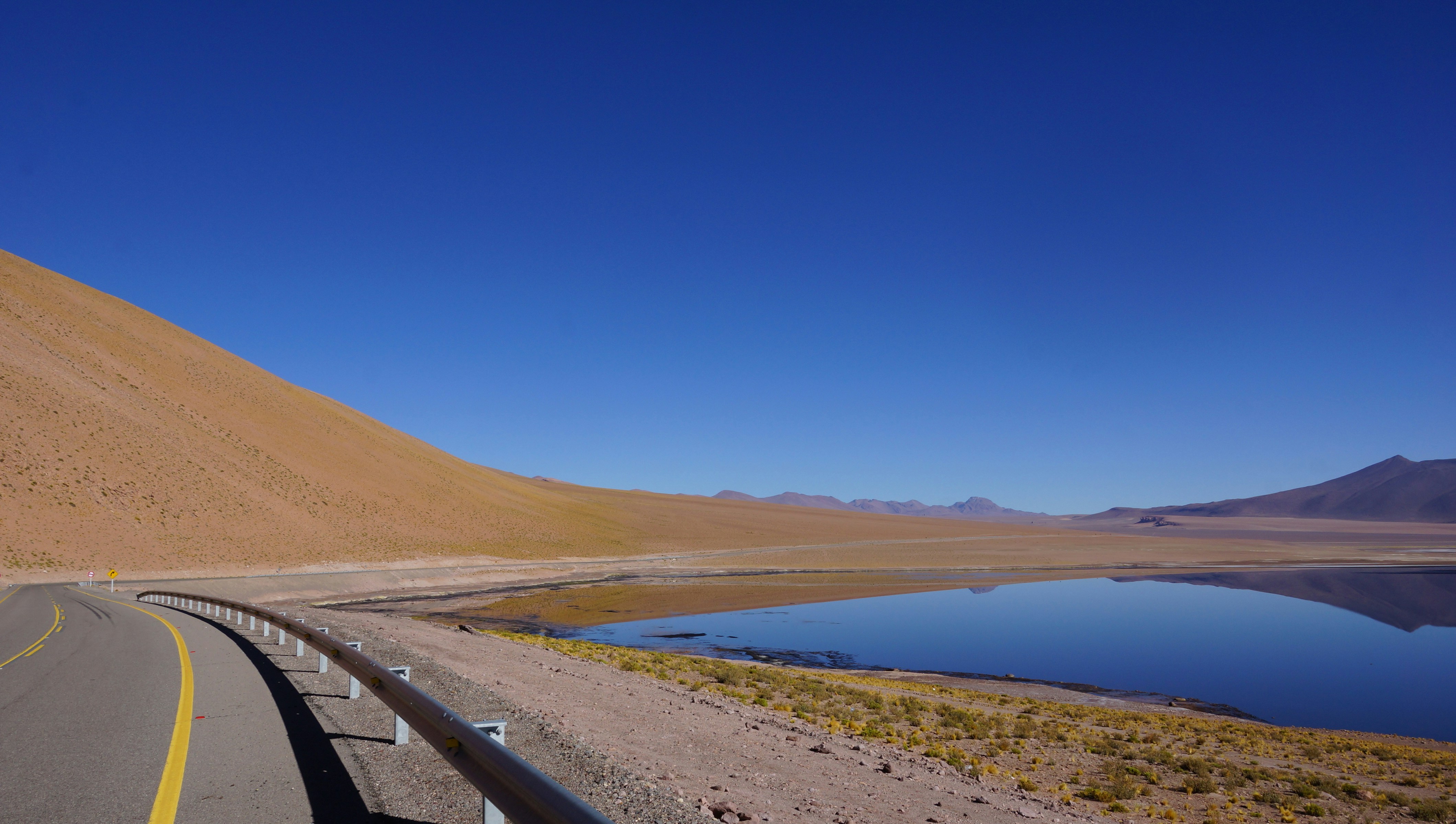 Desert road curves beside a calm reflective lake under a vivid blue sky.