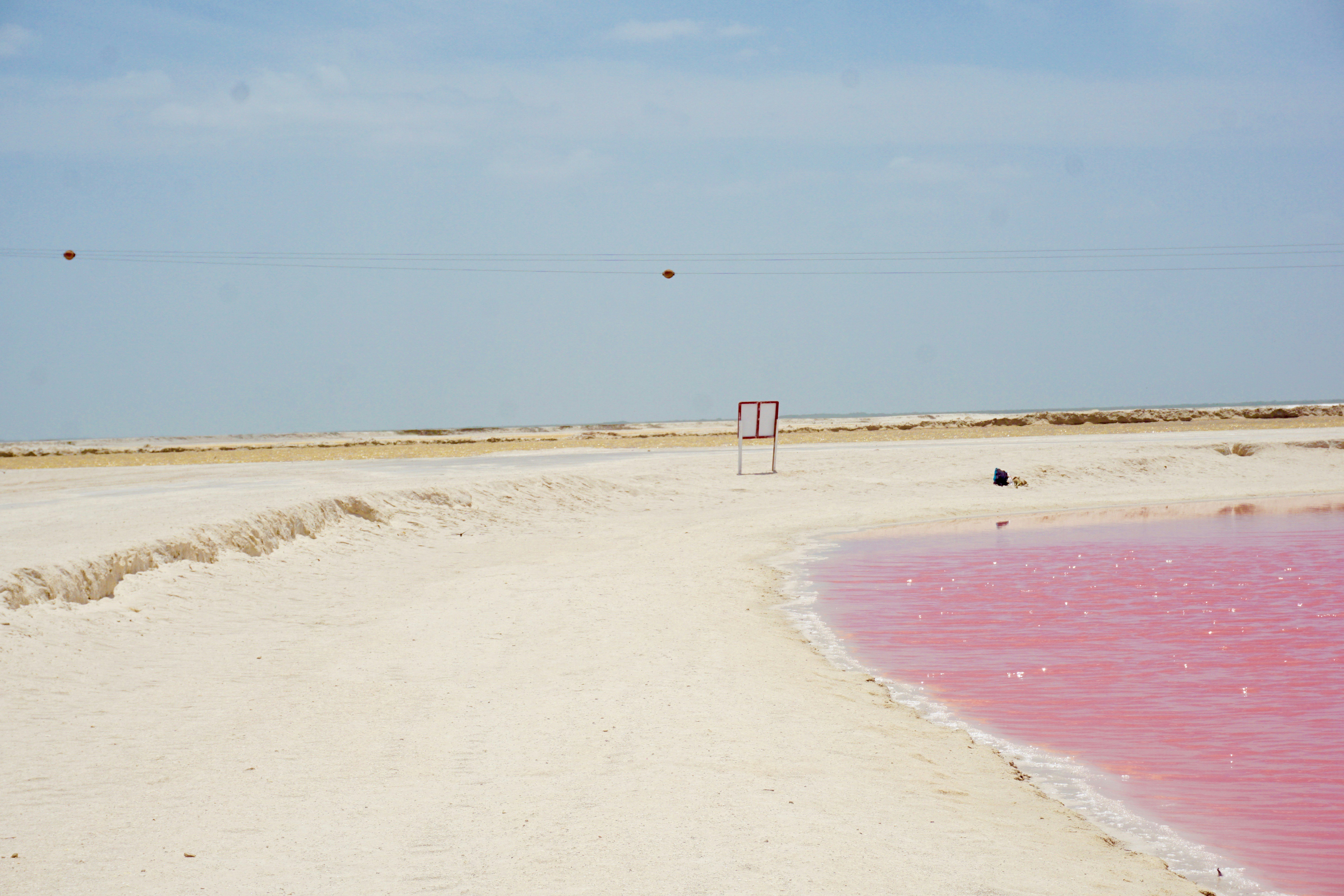 Vast sandy beach beside a vivid pink lake under a clear blue sky.