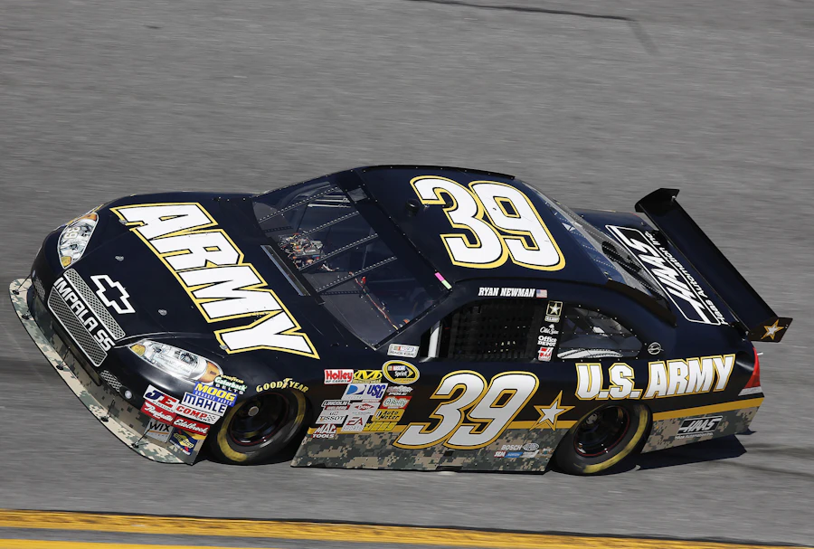 Black No. 39 NASCAR stock car with U.S. Army livery racing along the asphalt banking at speed.