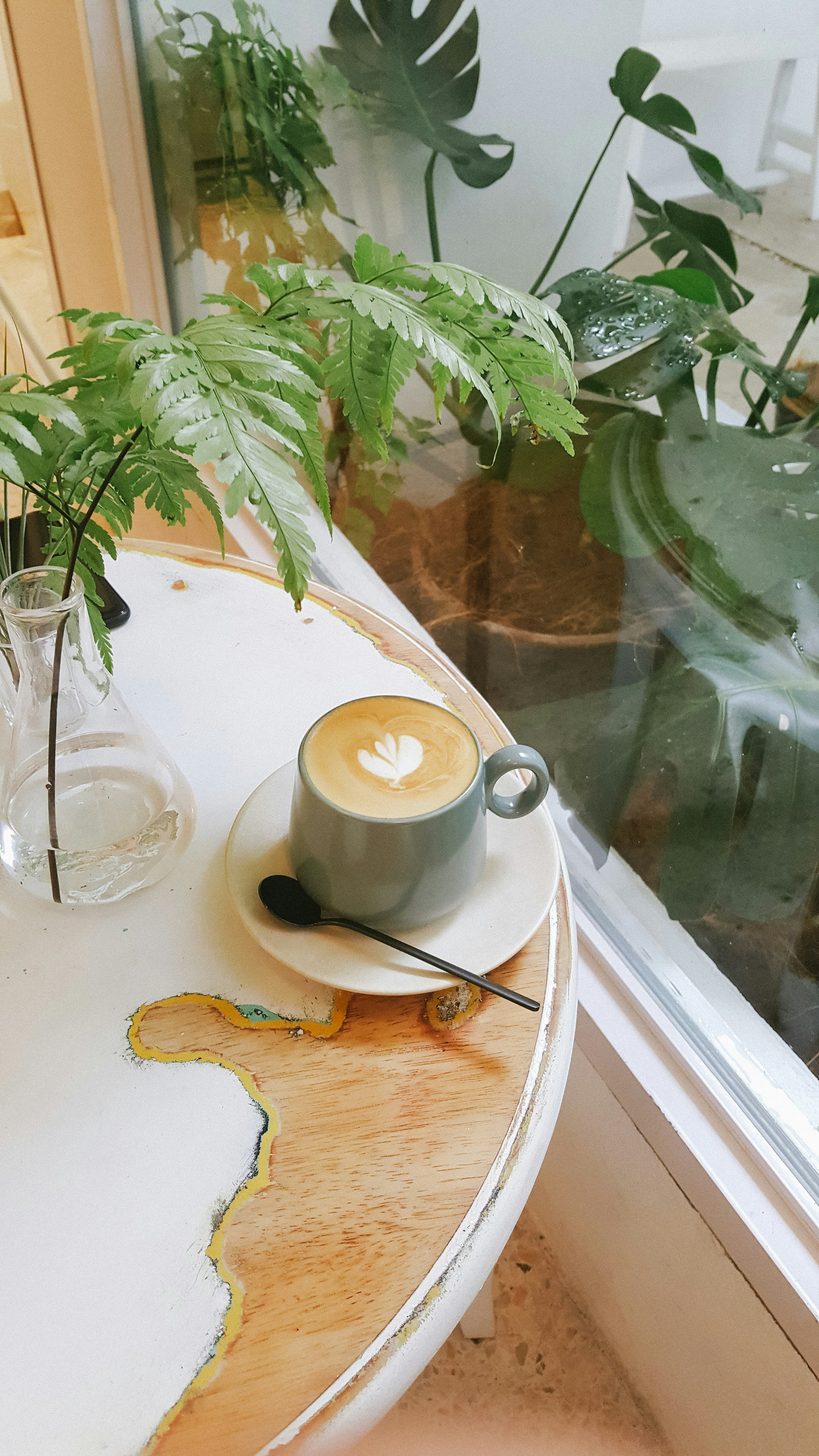 A cozy coffee scene featuring a latte with a heart design, accompanied by a small spoon on a rustic table, framed by lush green plants and a window view.