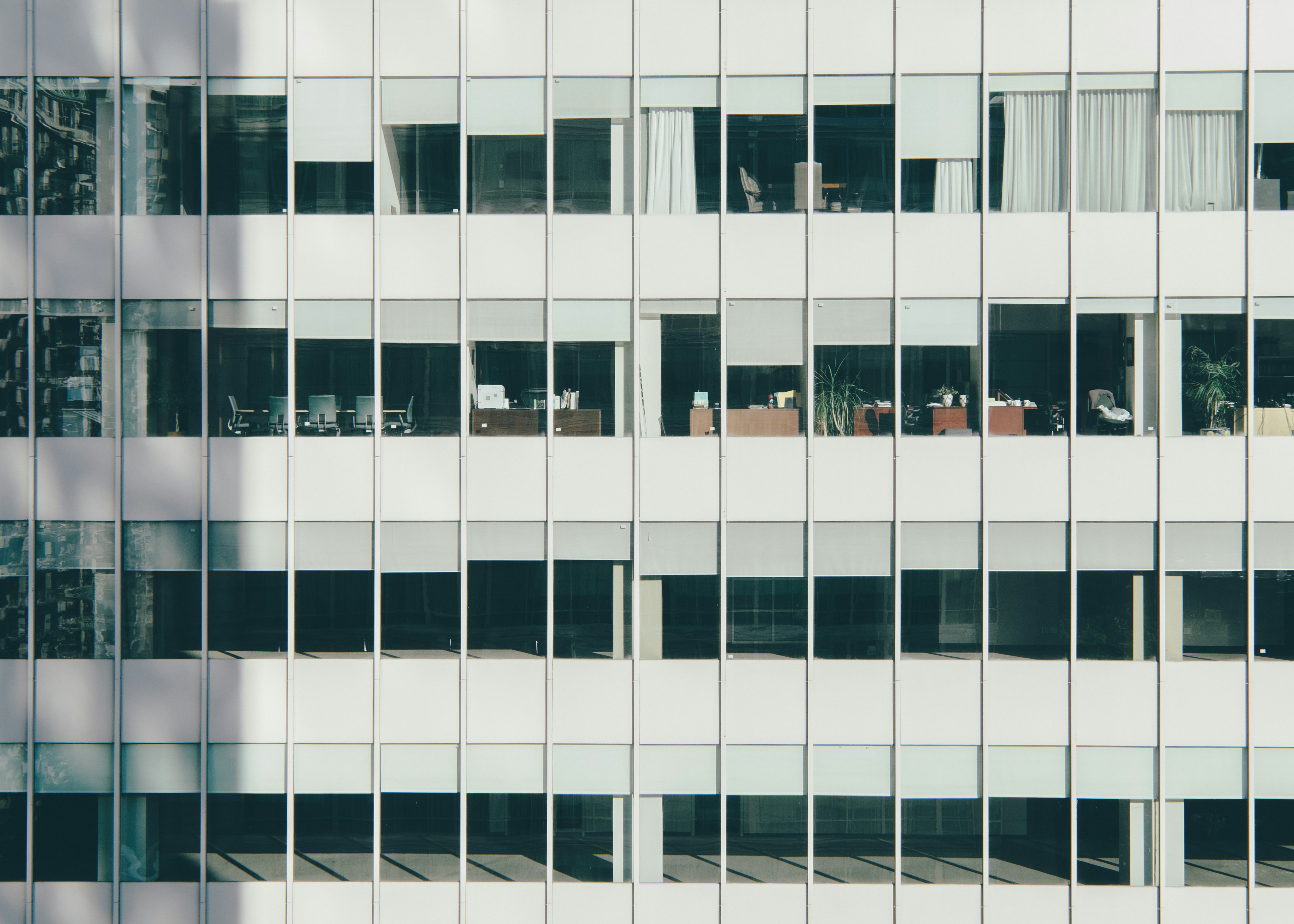 Modern office interior visible through grid-like glass windows.