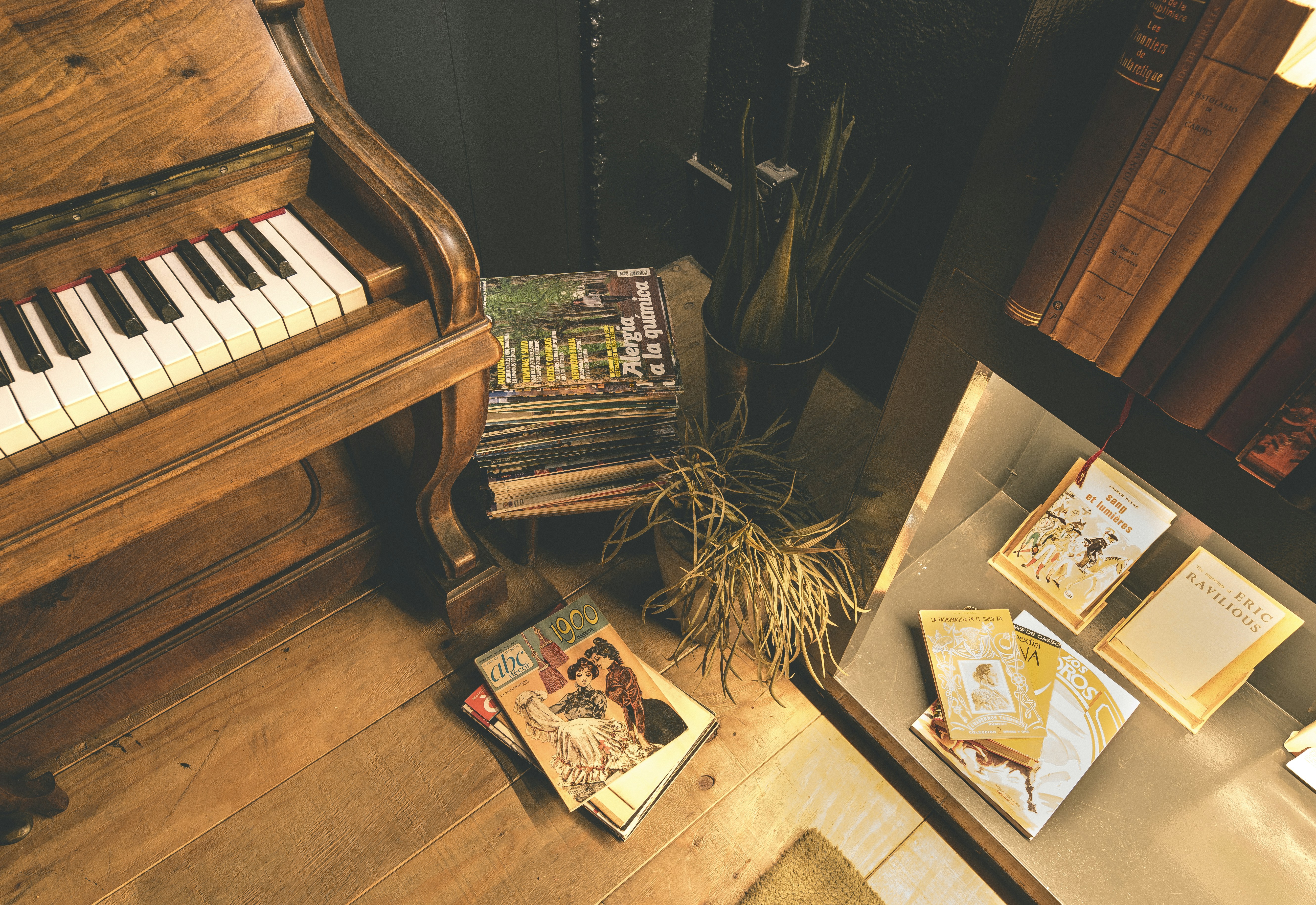 An inviting nook featuring a vintage piano alongside stacks of magazines and books, with a touch of greenery. The warm tones create a serene atmosphere.