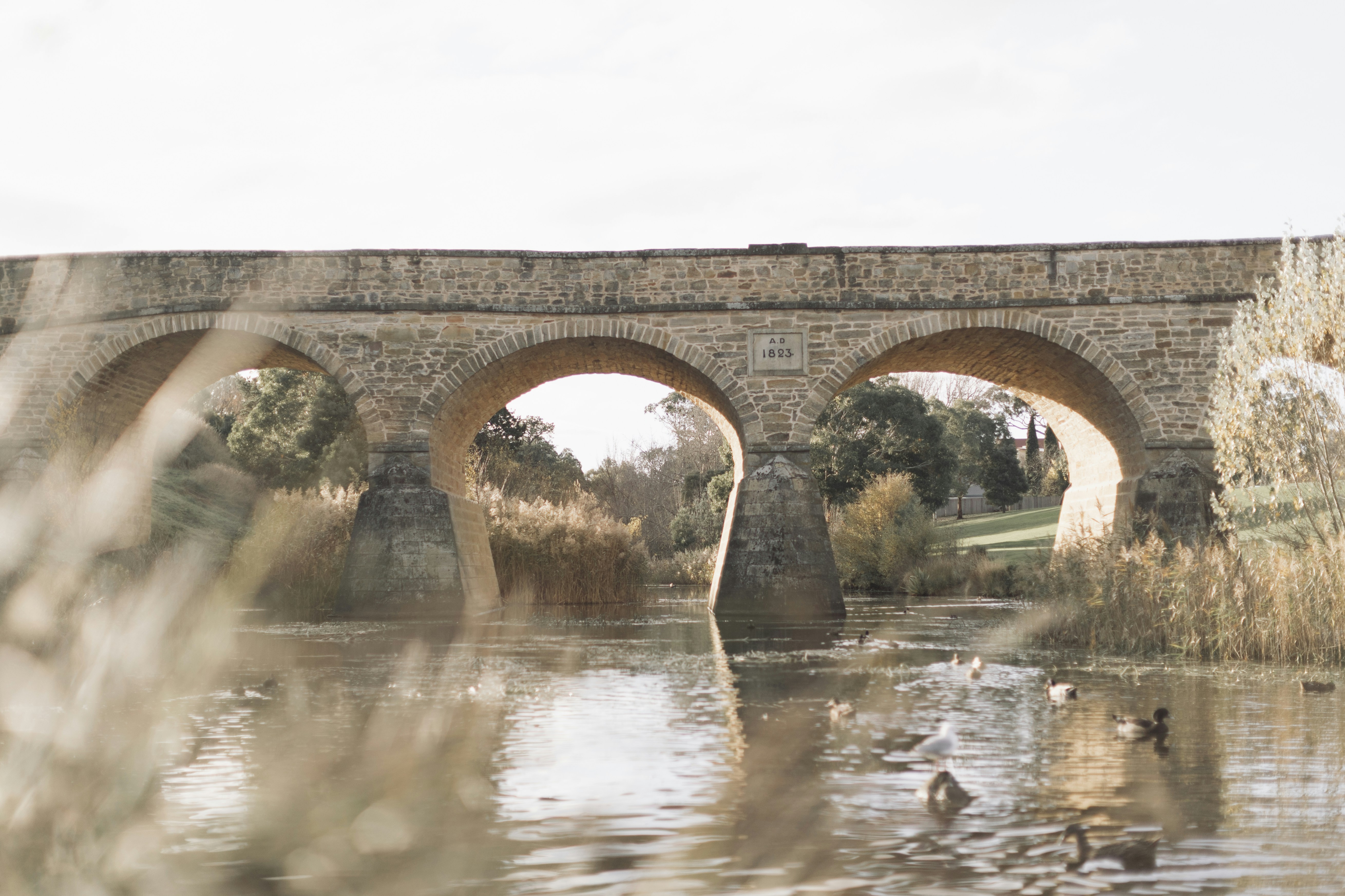 Historic stone bridge spanning a serene river, framed by lush greenery and gentle ripples. The arches reflect a sense of timeless architecture.