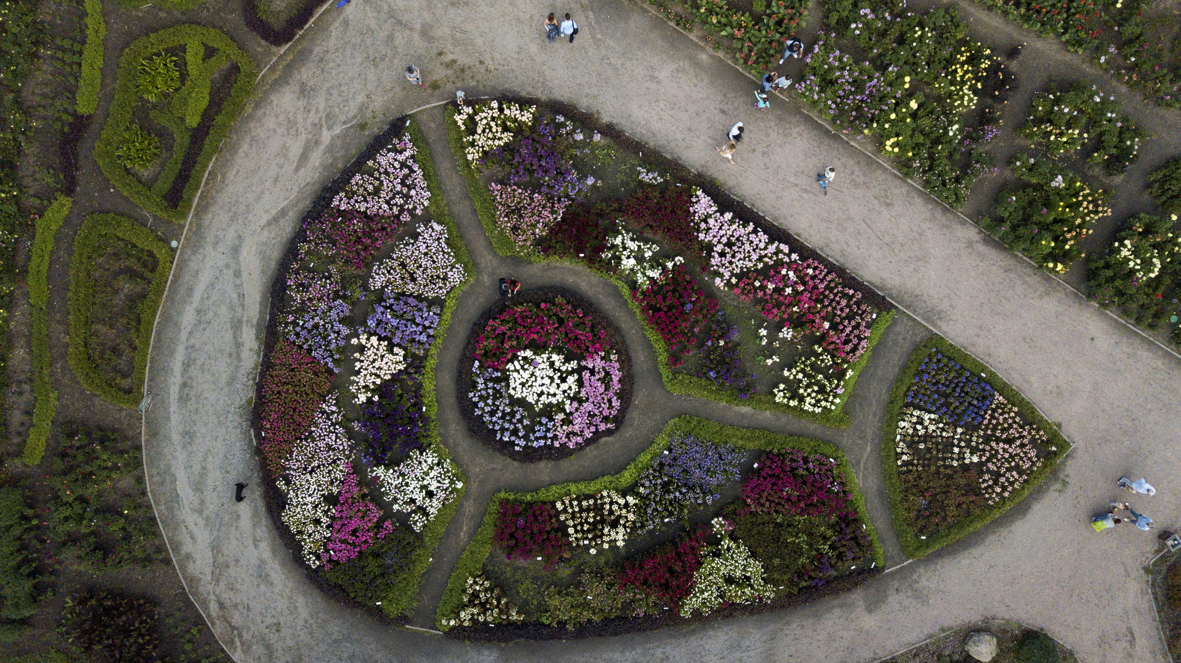Aerial view of a meticulously arranged flower garden, showcasing a vibrant array of colors in floral patterns. Visitors can be seen strolling along the garden paths.