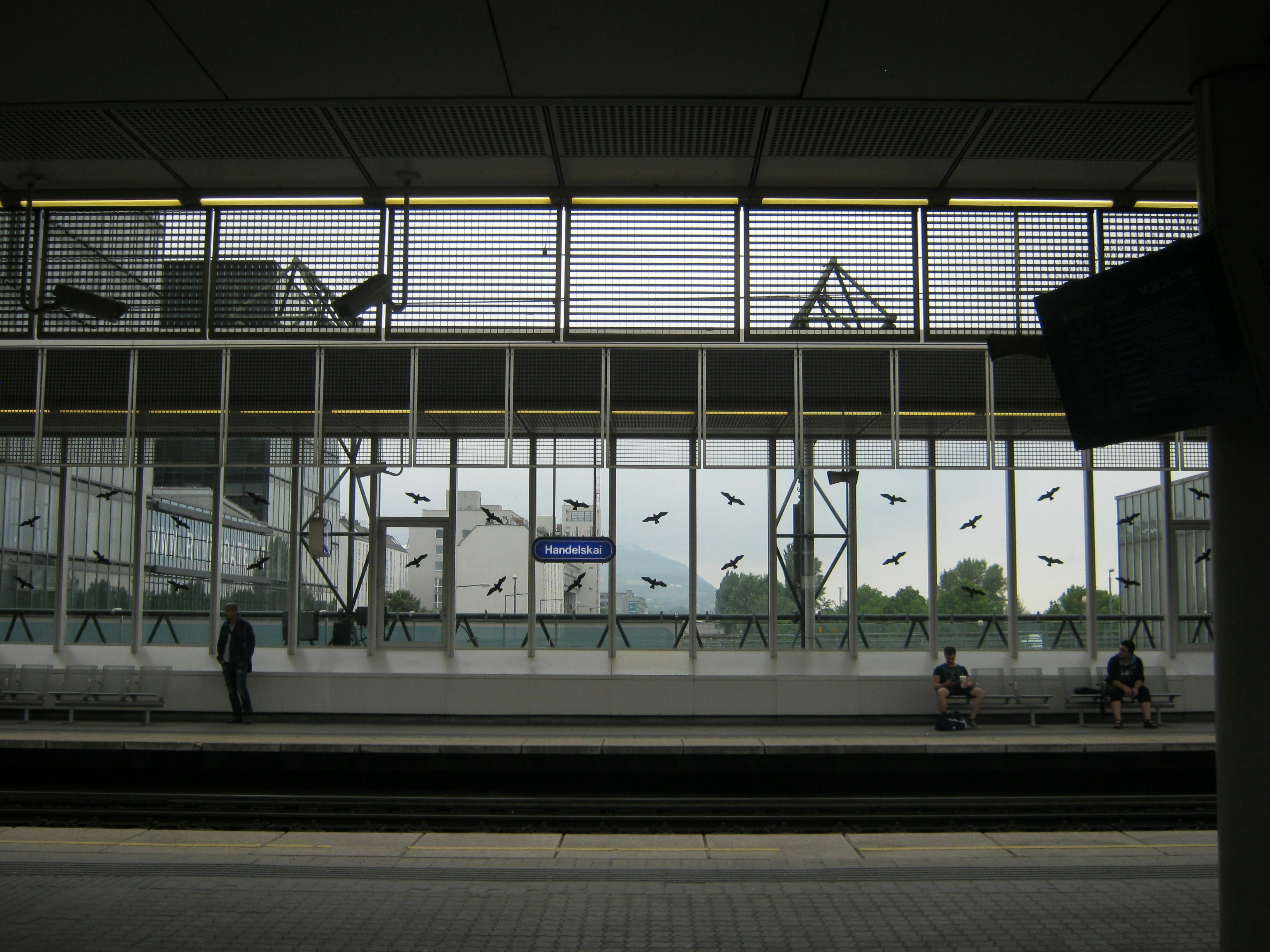 Passengers wait along a modern glass-walled platform as a flock of birds flies across the distant sky beyond the structure.