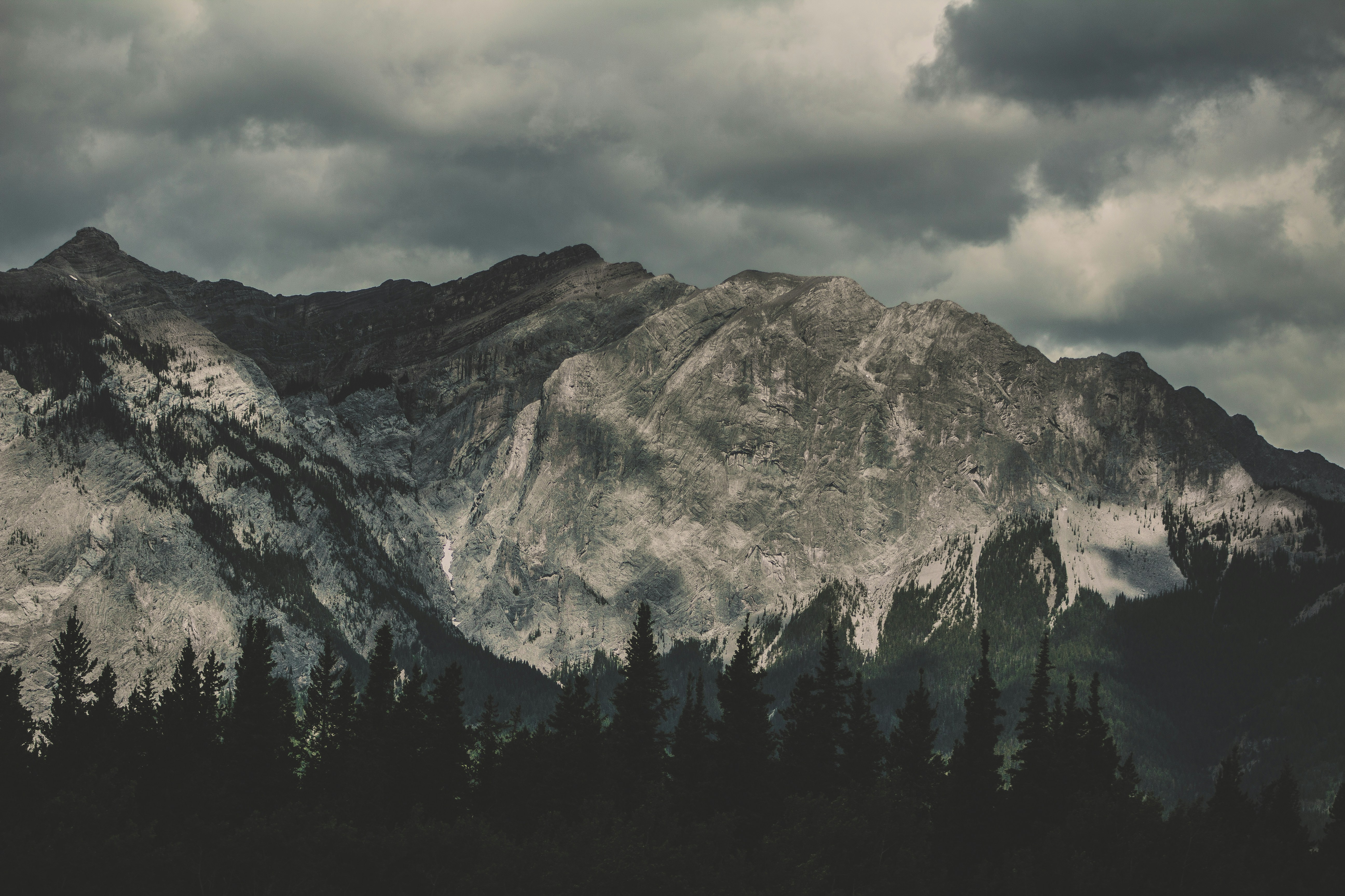 Dramatic mountain landscape with dark clouds looming overhead and a silhouette of evergreen trees in the foreground.