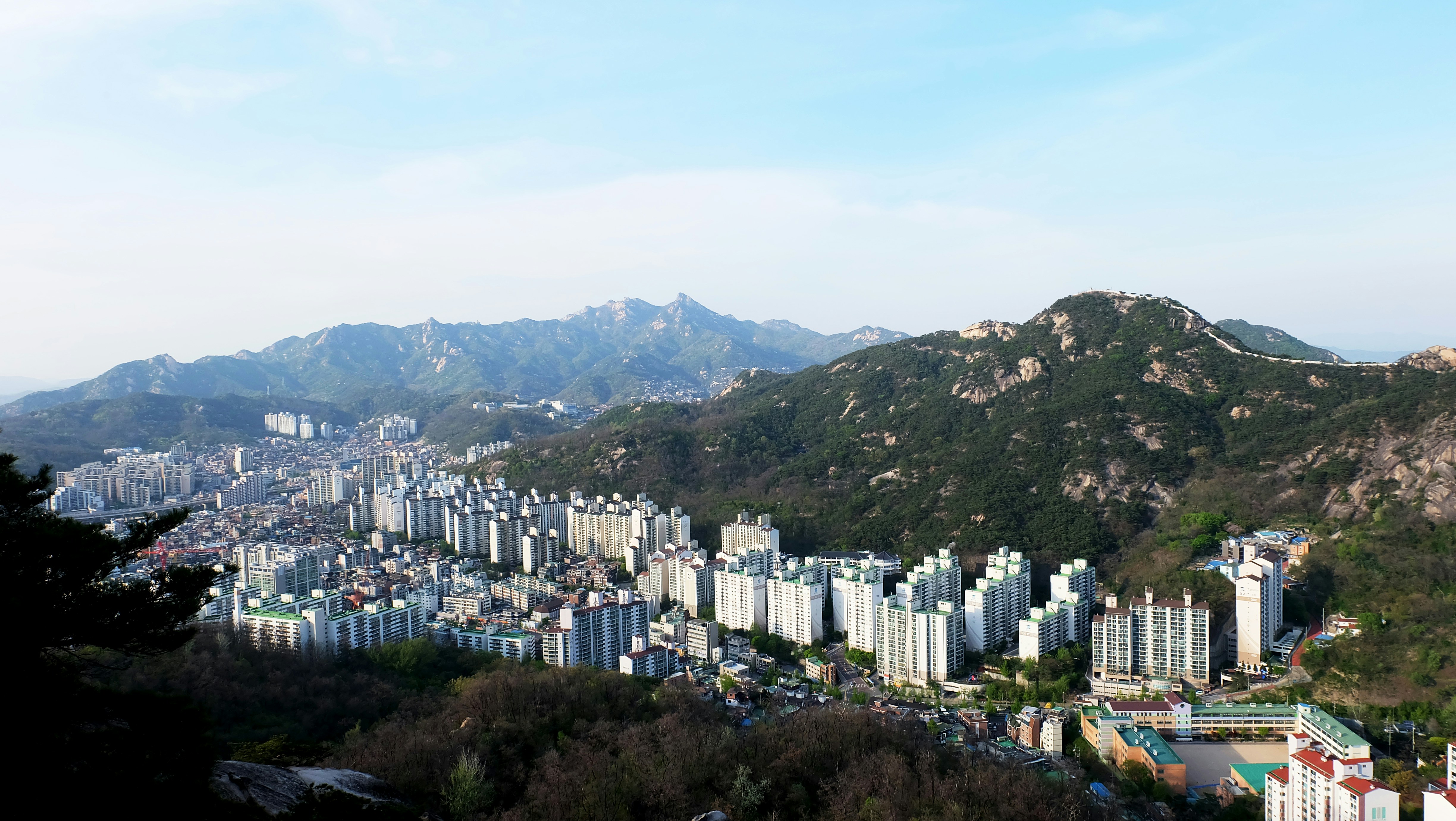 Cityscape with high-rise buildings nestled against a backdrop of lush green mountains under a clear blue sky.