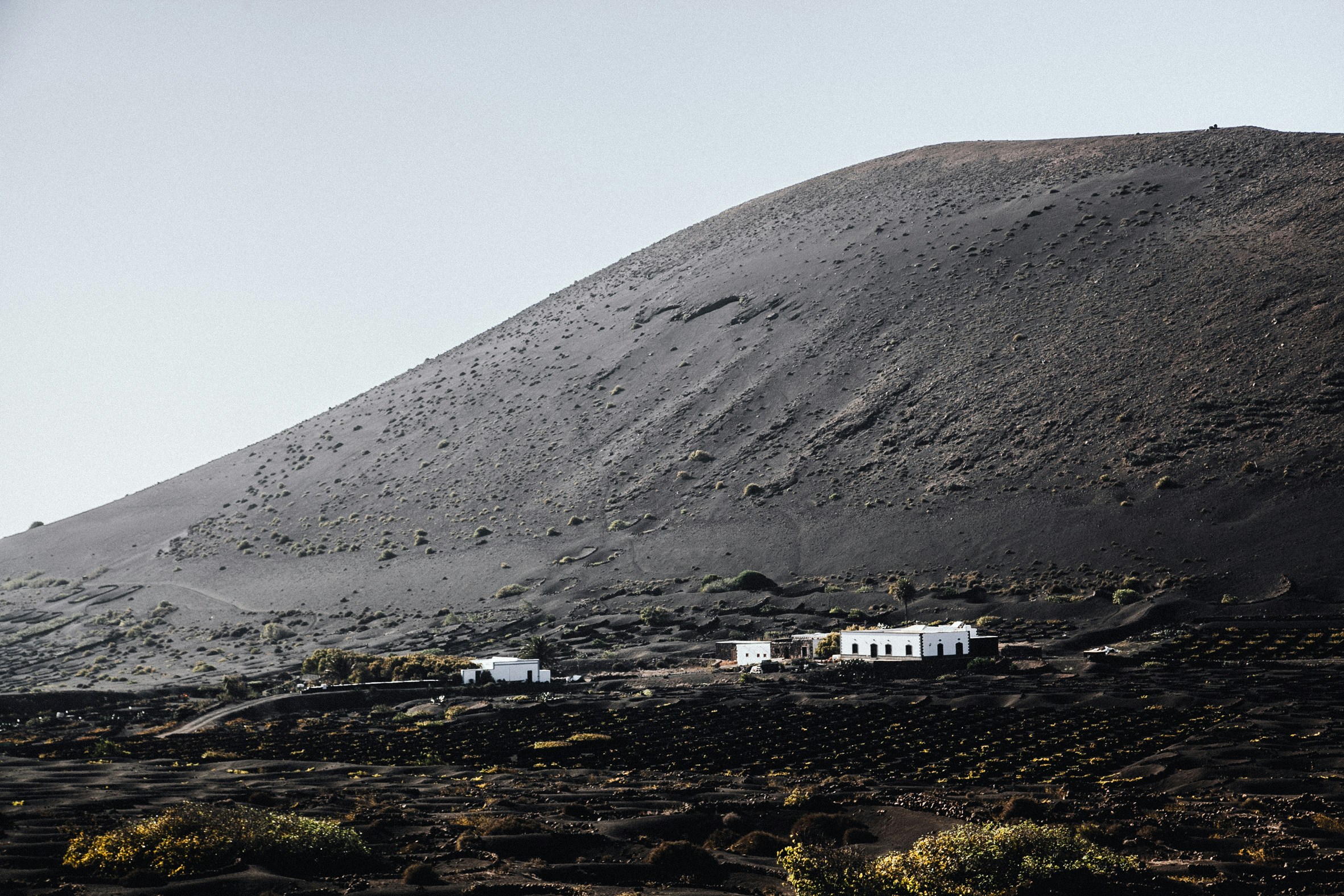 A stark volcanic landscape featuring white structures nestled against a dark, sloping mountain, showcasing the contrast between nature and human habitation.