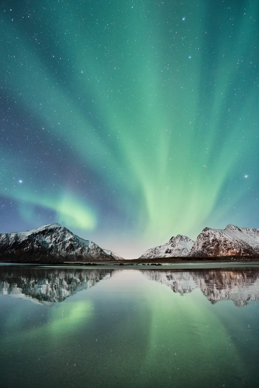 Green aurora lights up a starry night sky above snow-covered mountains reflected in calm water.