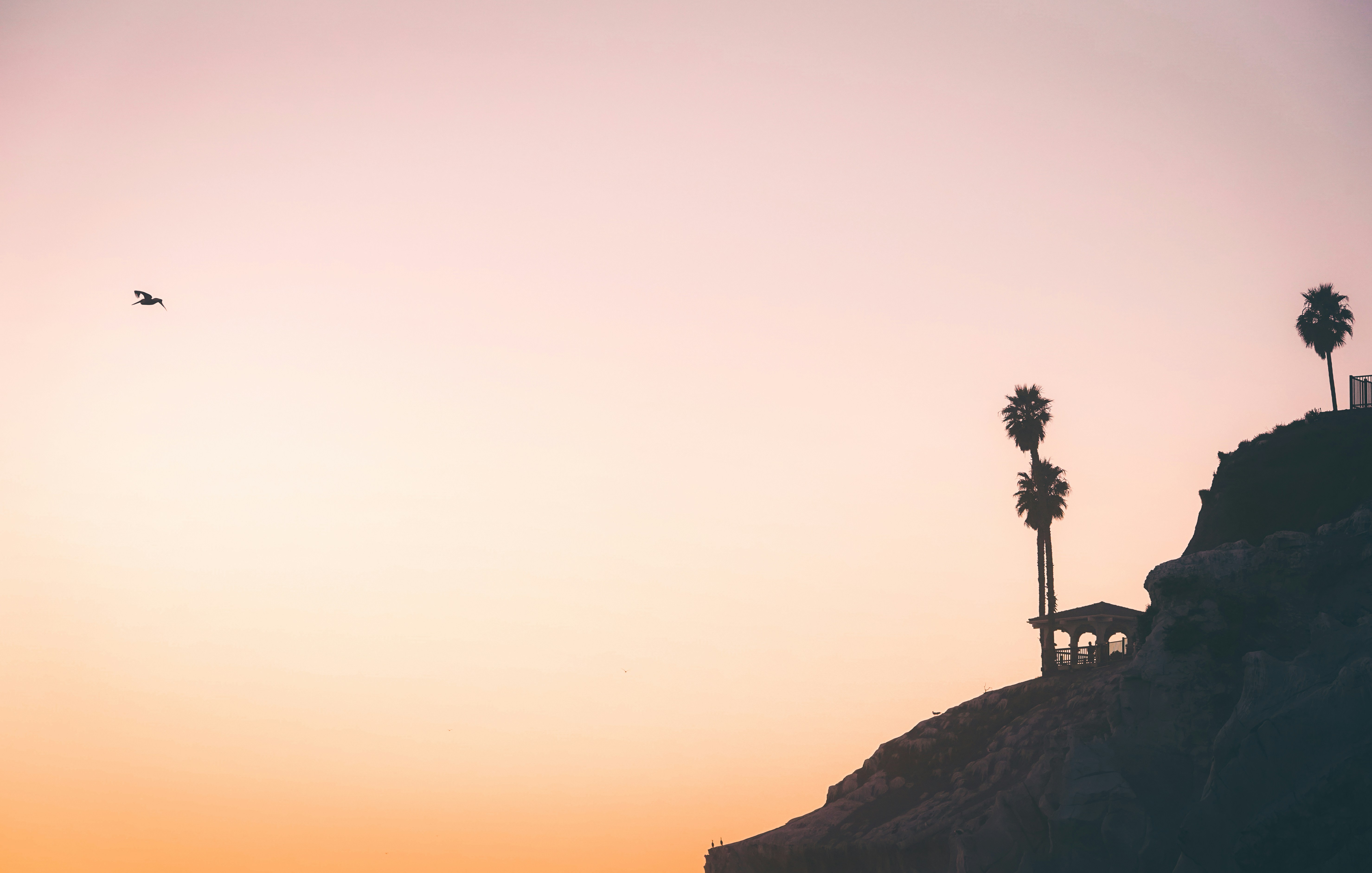 Silhouette of a rock formation with palm trees against a pastel sunset sky.