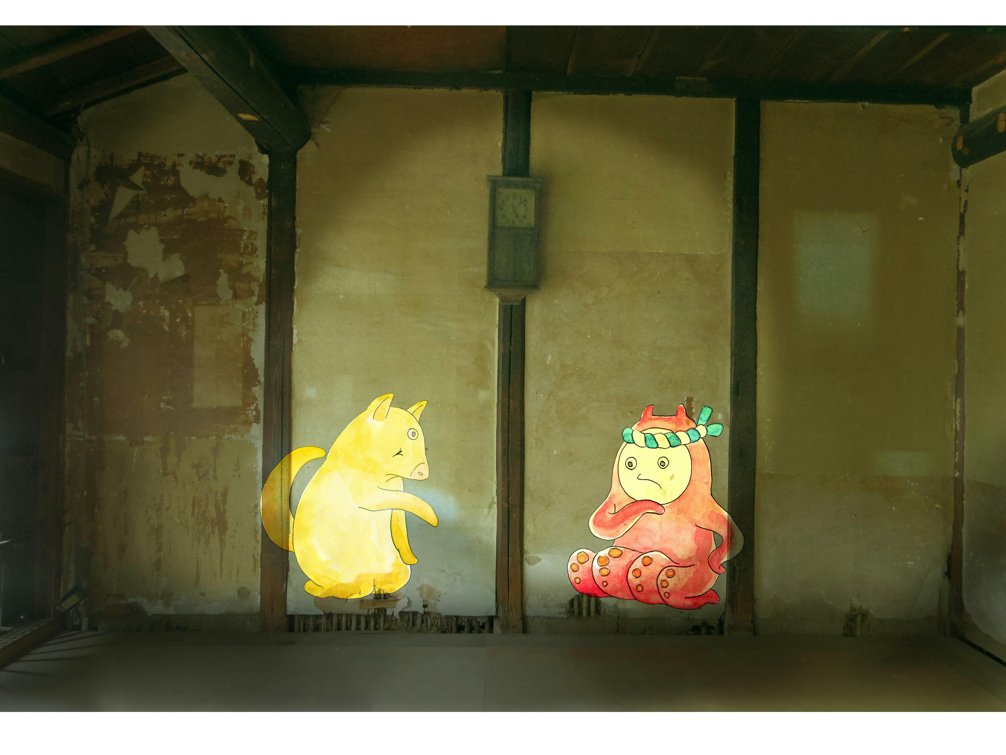 Two Neon Fantasy Companions Inside a Dim Room