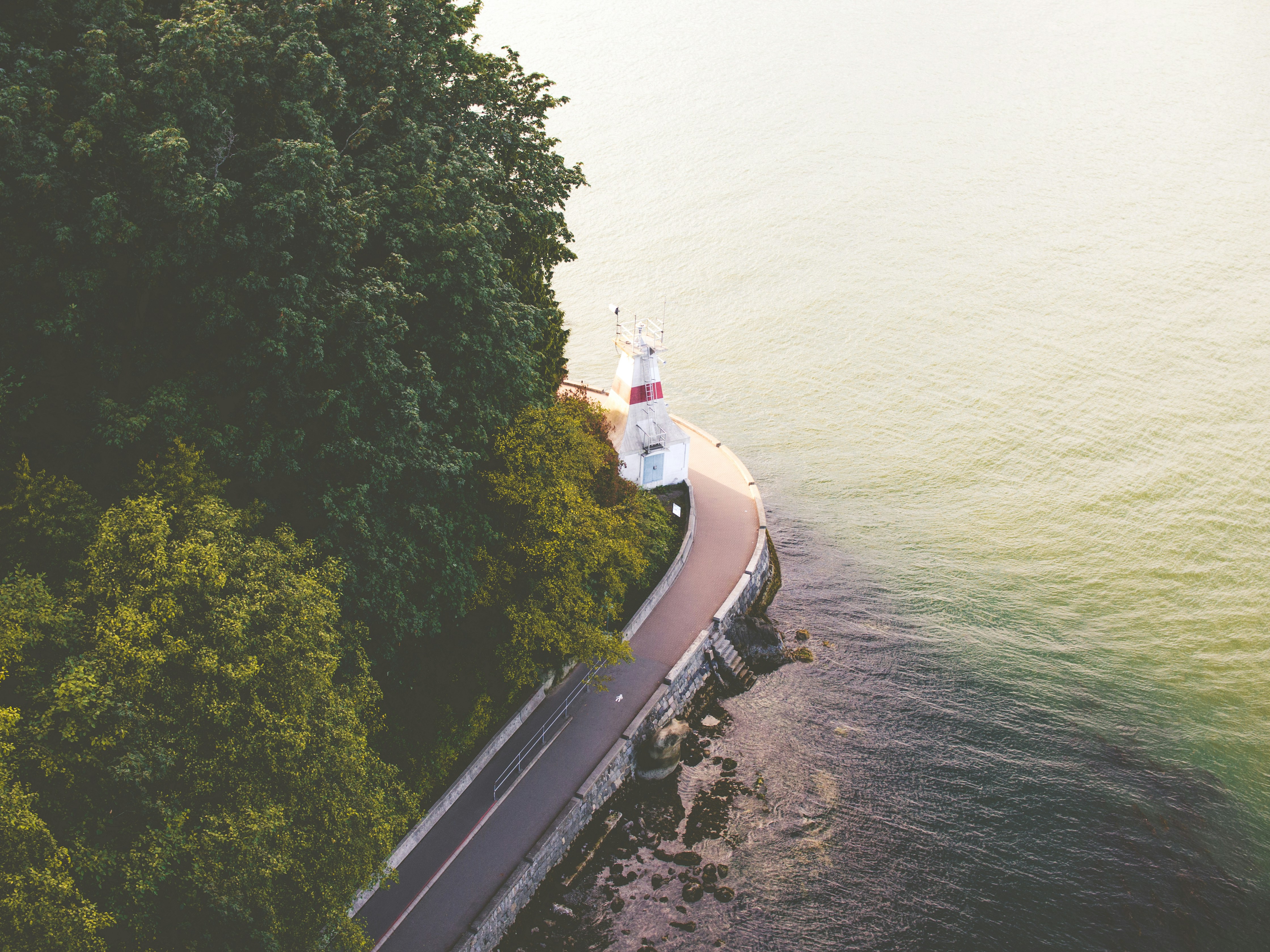 Aerial view of a coastal road curling along a rocky shoreline, with dense trees on the left and a small lighthouse at the curve guiding the calm water on the right.