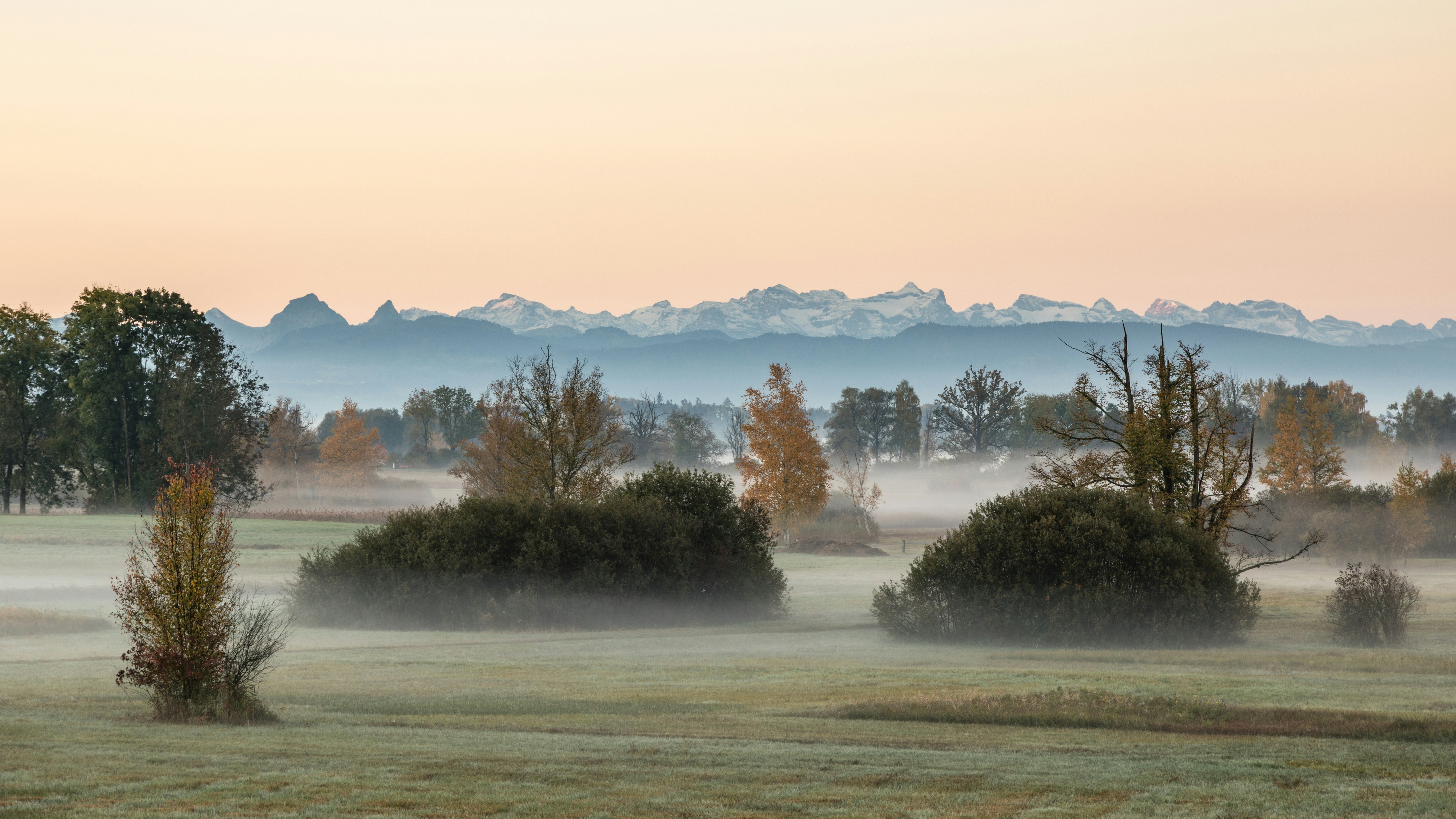 Mist Ledges of Dawn: Quiet Valley with Snow-Capped Ridge