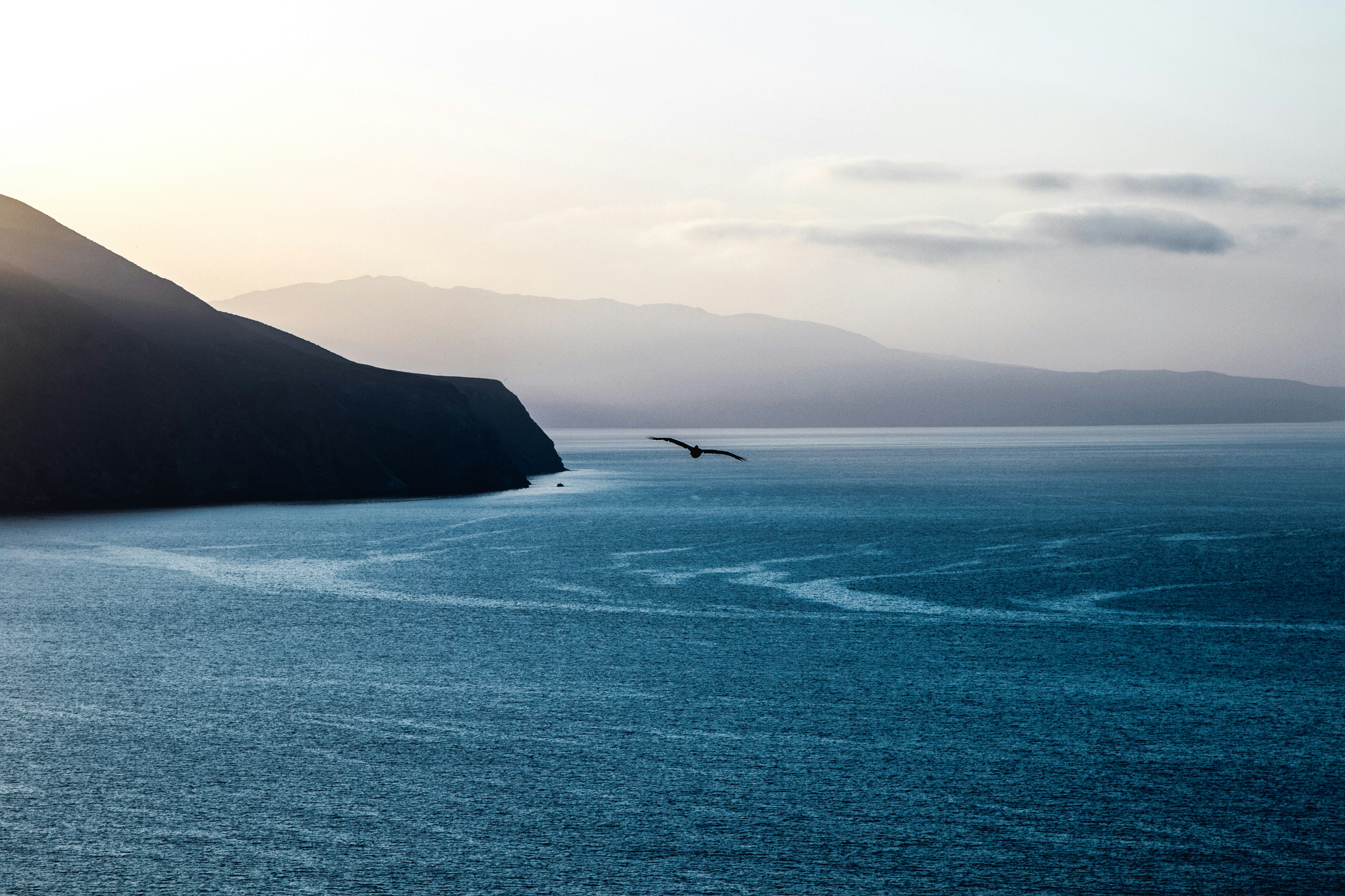 Calm ocean waters meet distant mountains under a pastel sky at dusk.