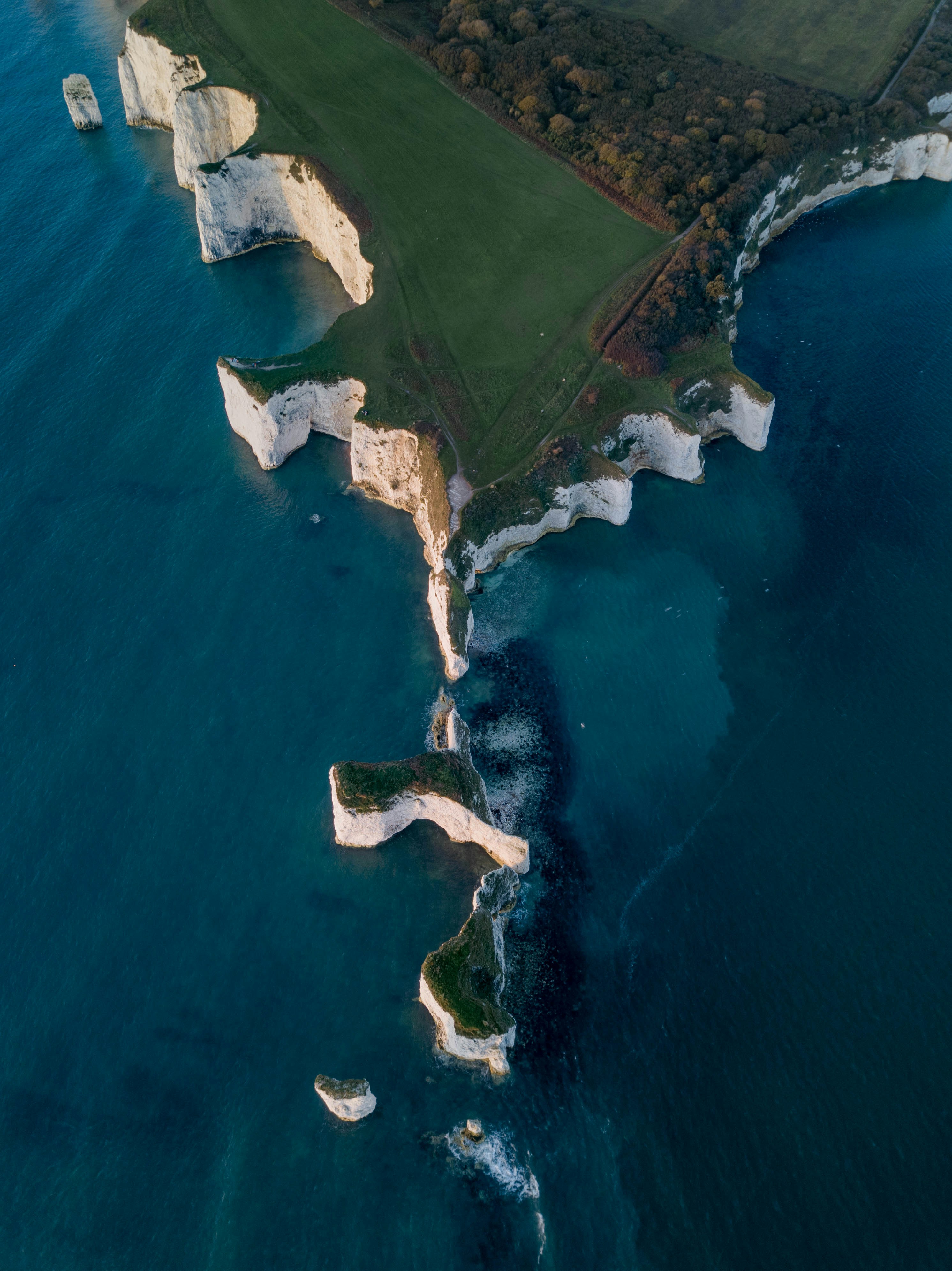 Aerial view of striking chalk cliffs meeting the azure sea, with lush greenery atop the cliffs creating a vivid contrast.