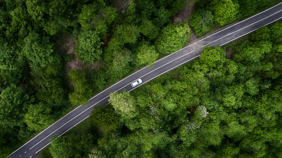 A single car threads a winding road cut through dense green forest, captured from above to emphasize the contrast between asphalt and foliage. This is a high-level aerial shot suitable for landscape or travel contexts.