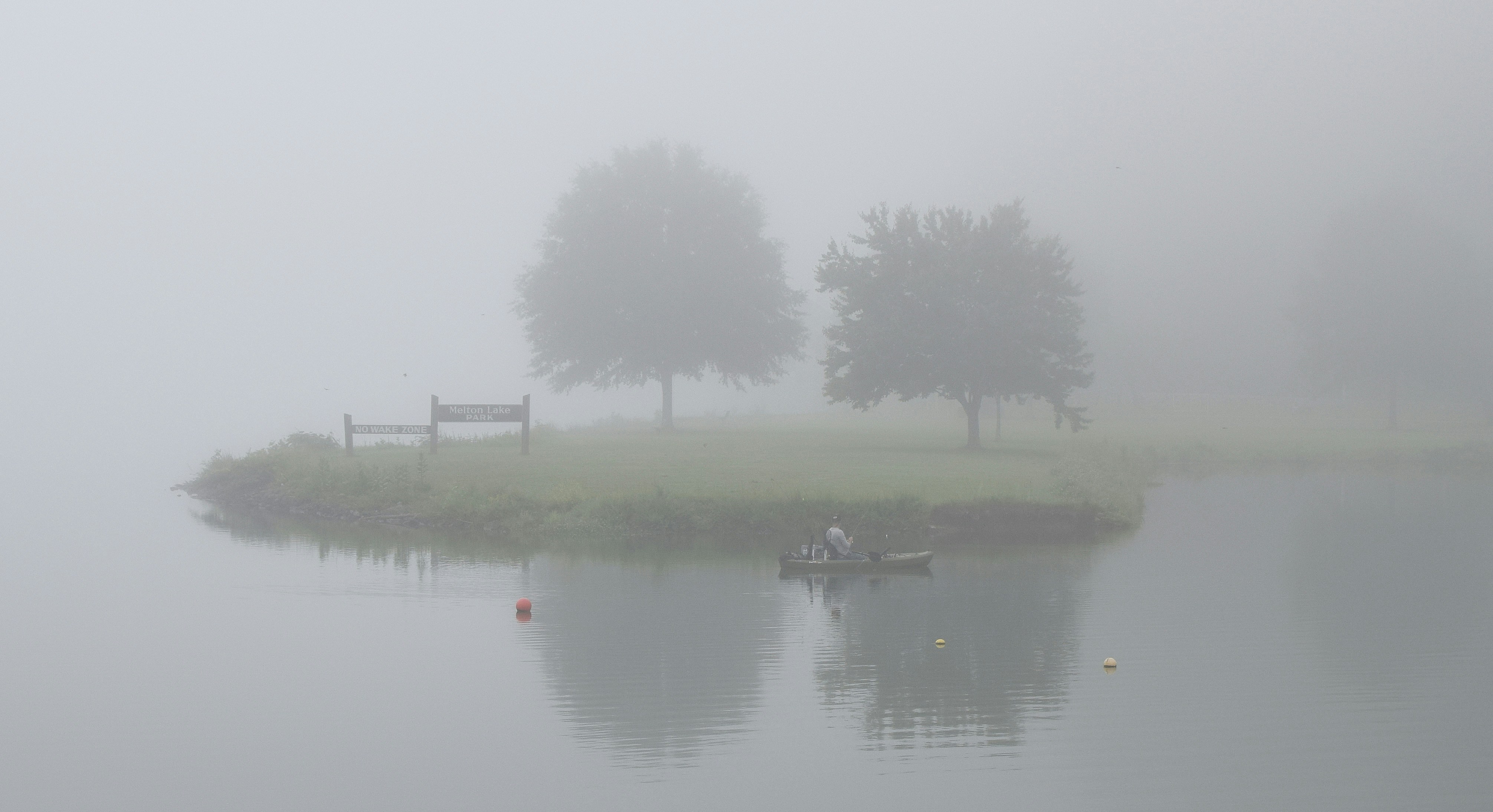 A lone canoeist paddles through a tranquil lake shrouded in thick fog, with two trees standing sentinel on the shore. A signpost hints at the location's charm.