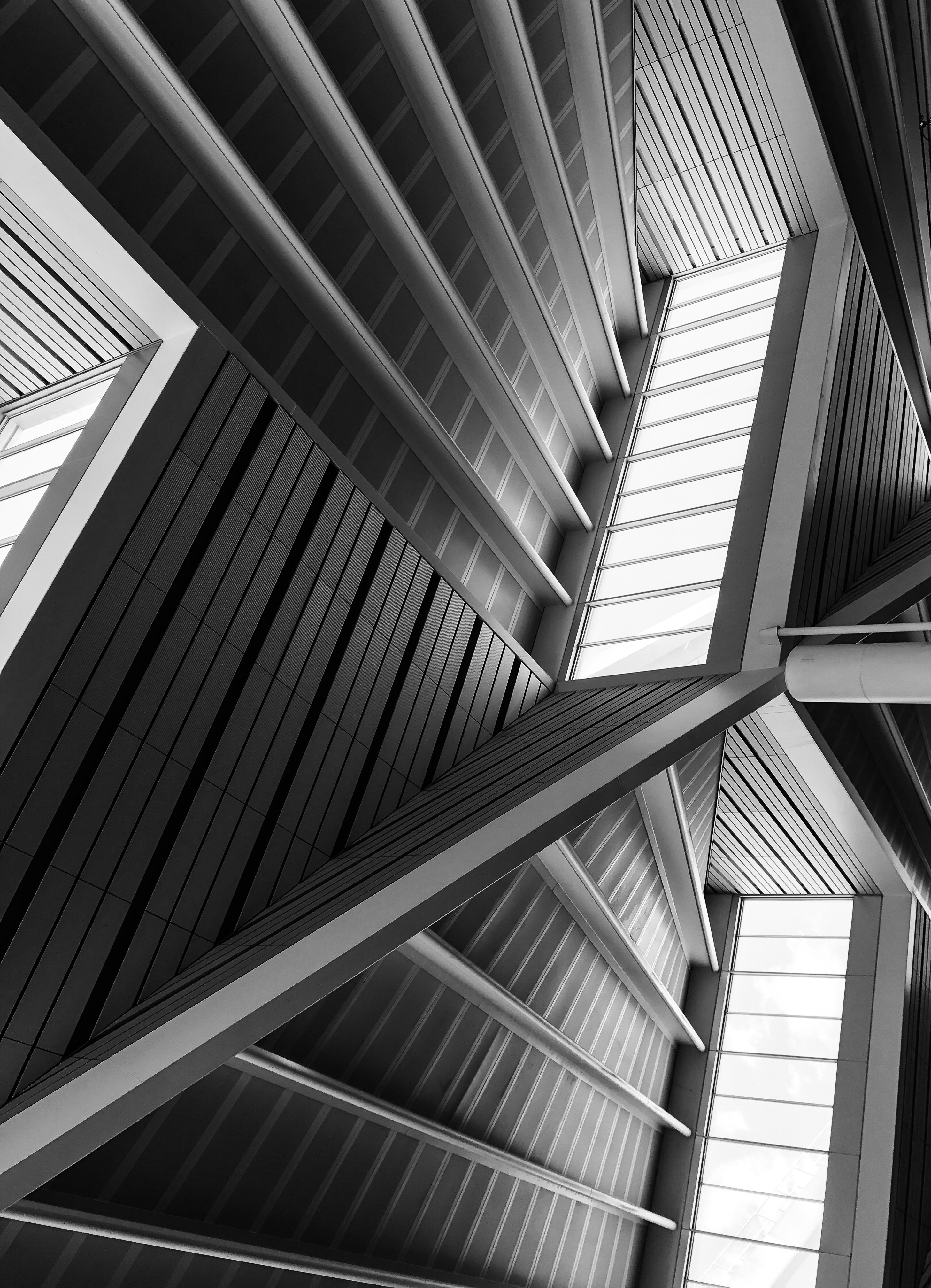 Dynamic lines and geometric shapes converge in a black and white architectural composition, highlighting modern design elements. The interplay of light and shadow creates depth.