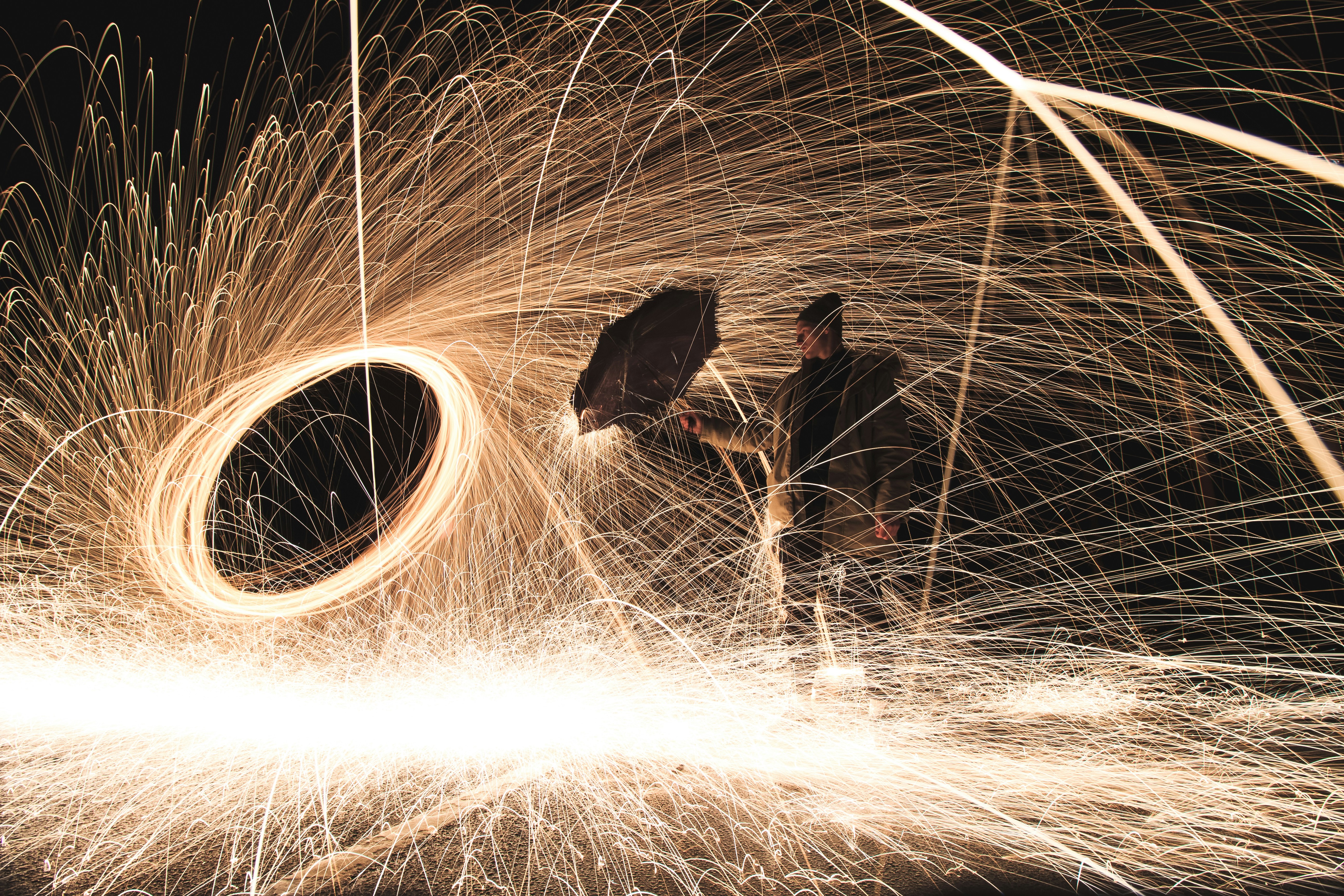 Ember Ring: Steel-Wool Halo Around a Lone Performer