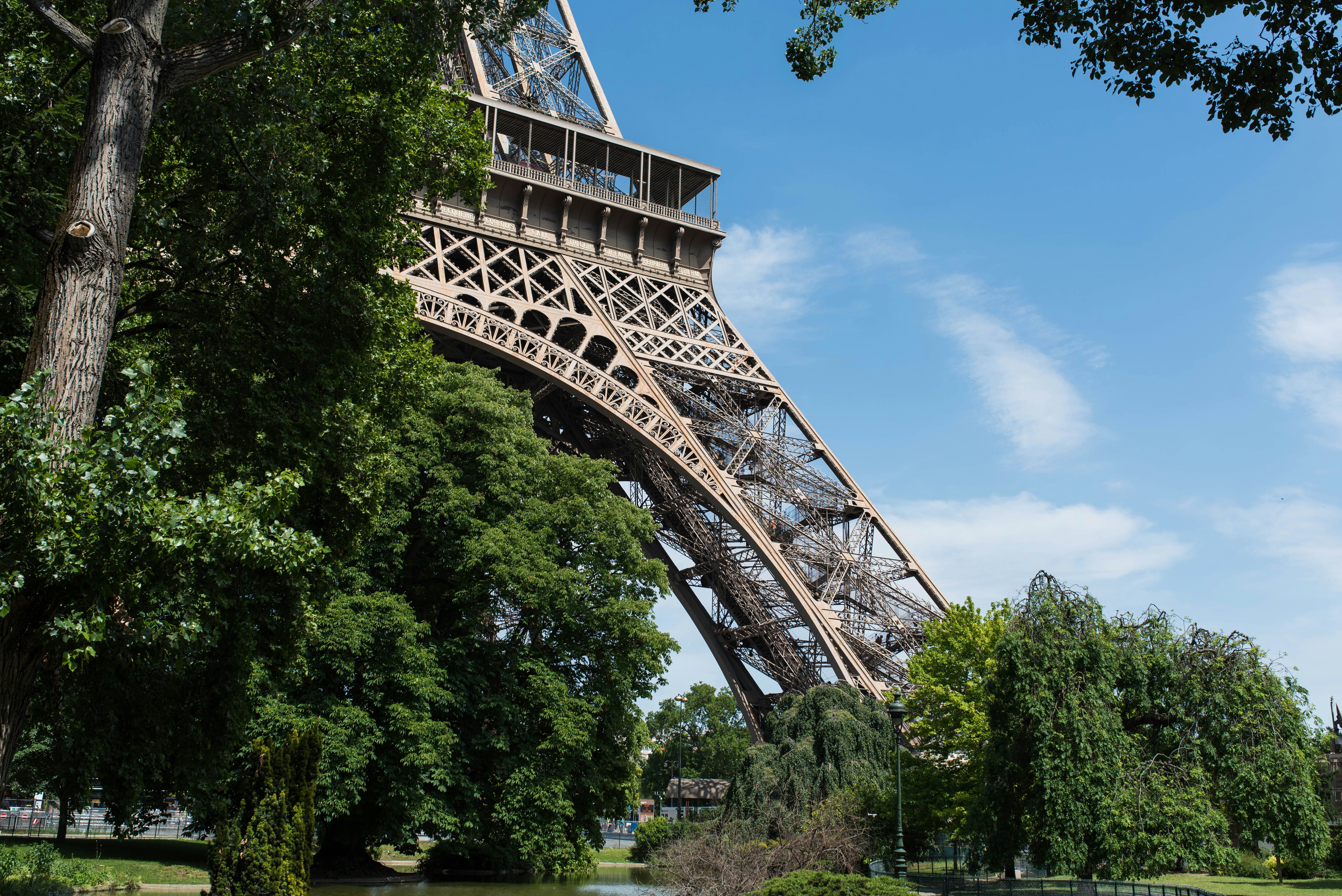 Eiffel Tower partially obscured by lush trees, showcasing its intricate ironwork against a bright blue sky.