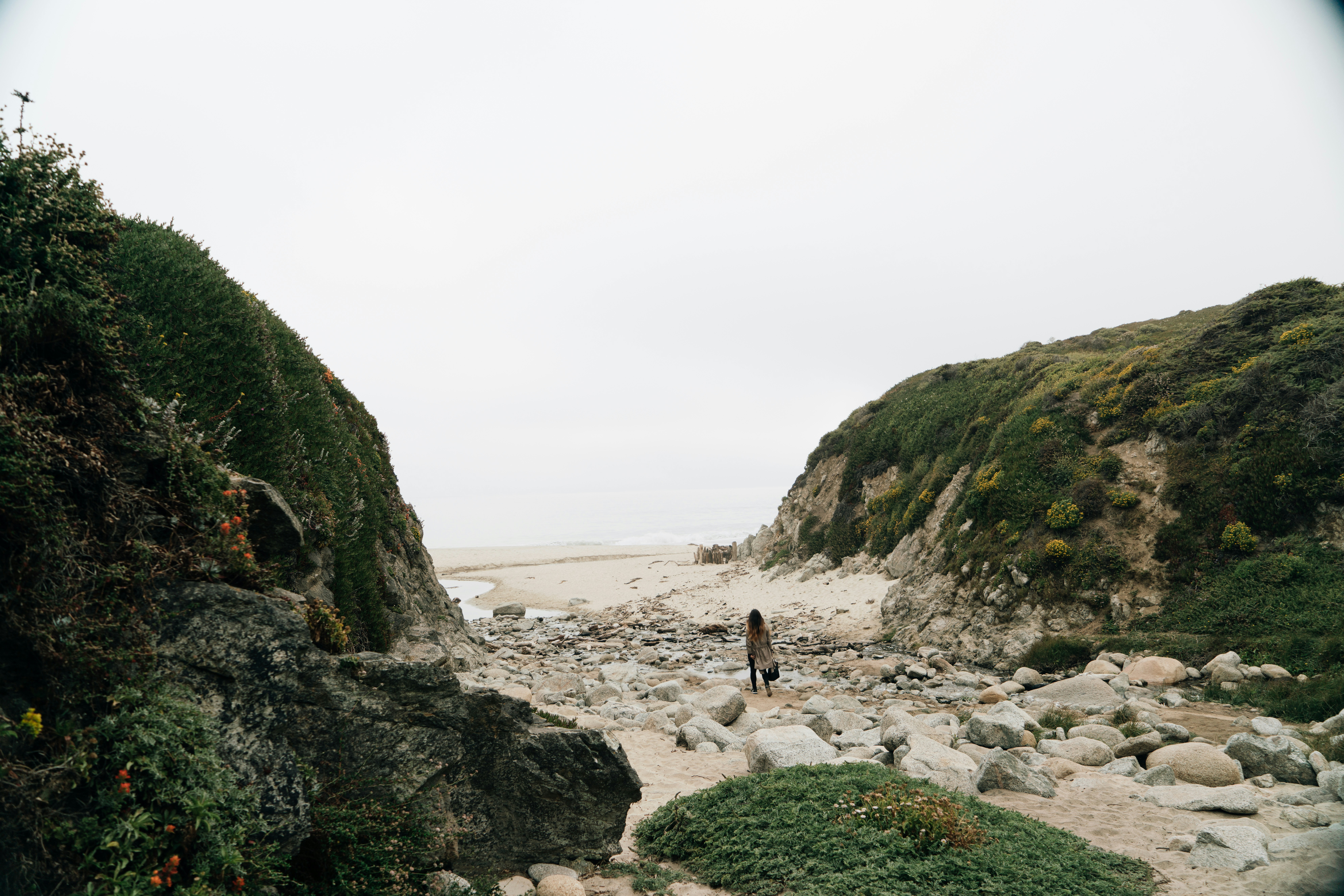 A solitary figure traverses a rocky beach framed by lush green cliffs, leading toward a serene shoreline under a muted sky.