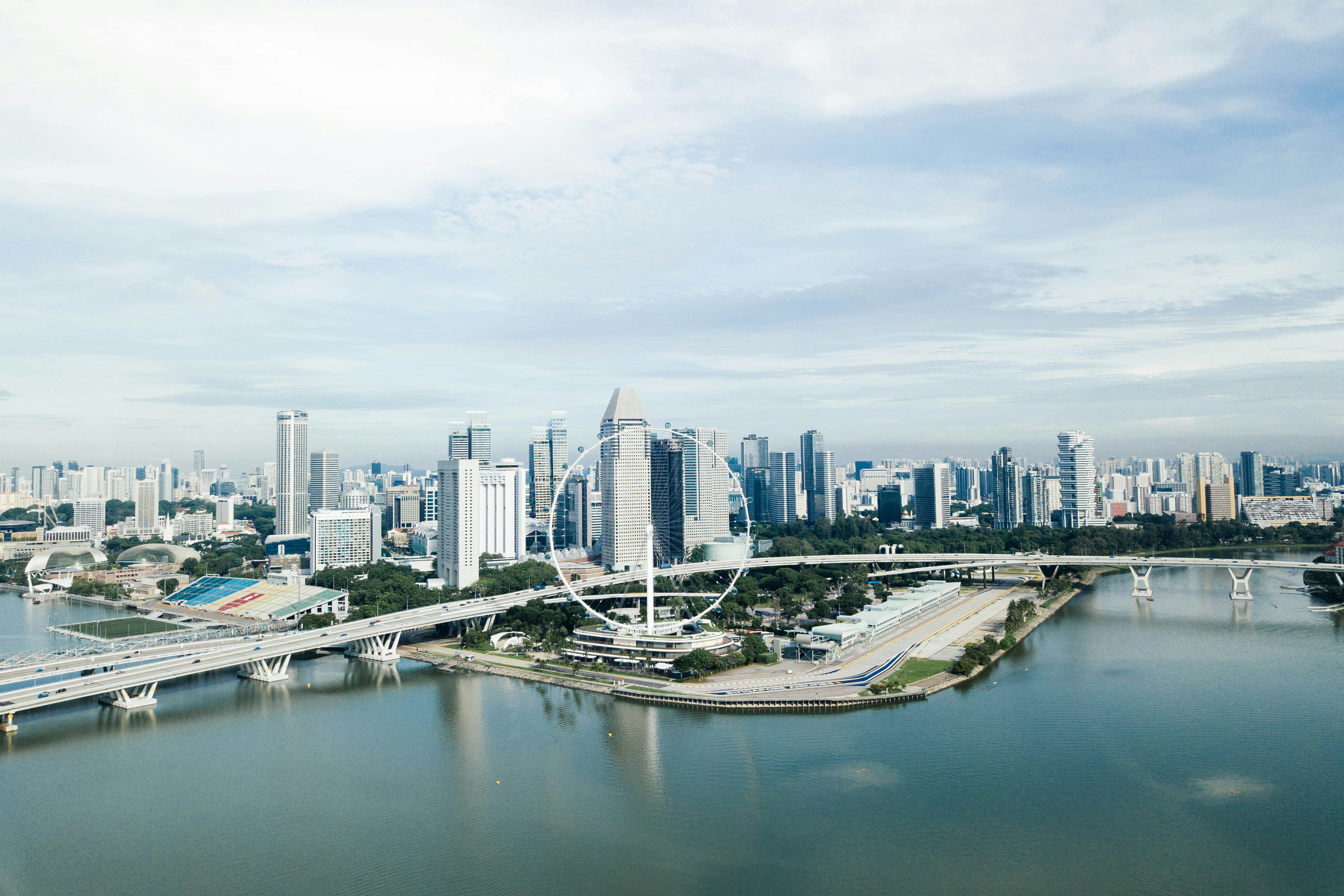 Aerial view of a white ferris wheel near a highway with a city skyline backdrop.