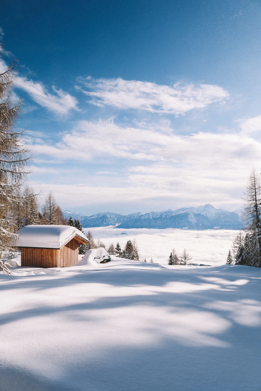 A small wooden cabin sits in deep snow above a valley filled with clouds, with mountains and bare trees in the distance under a bright blue sky.